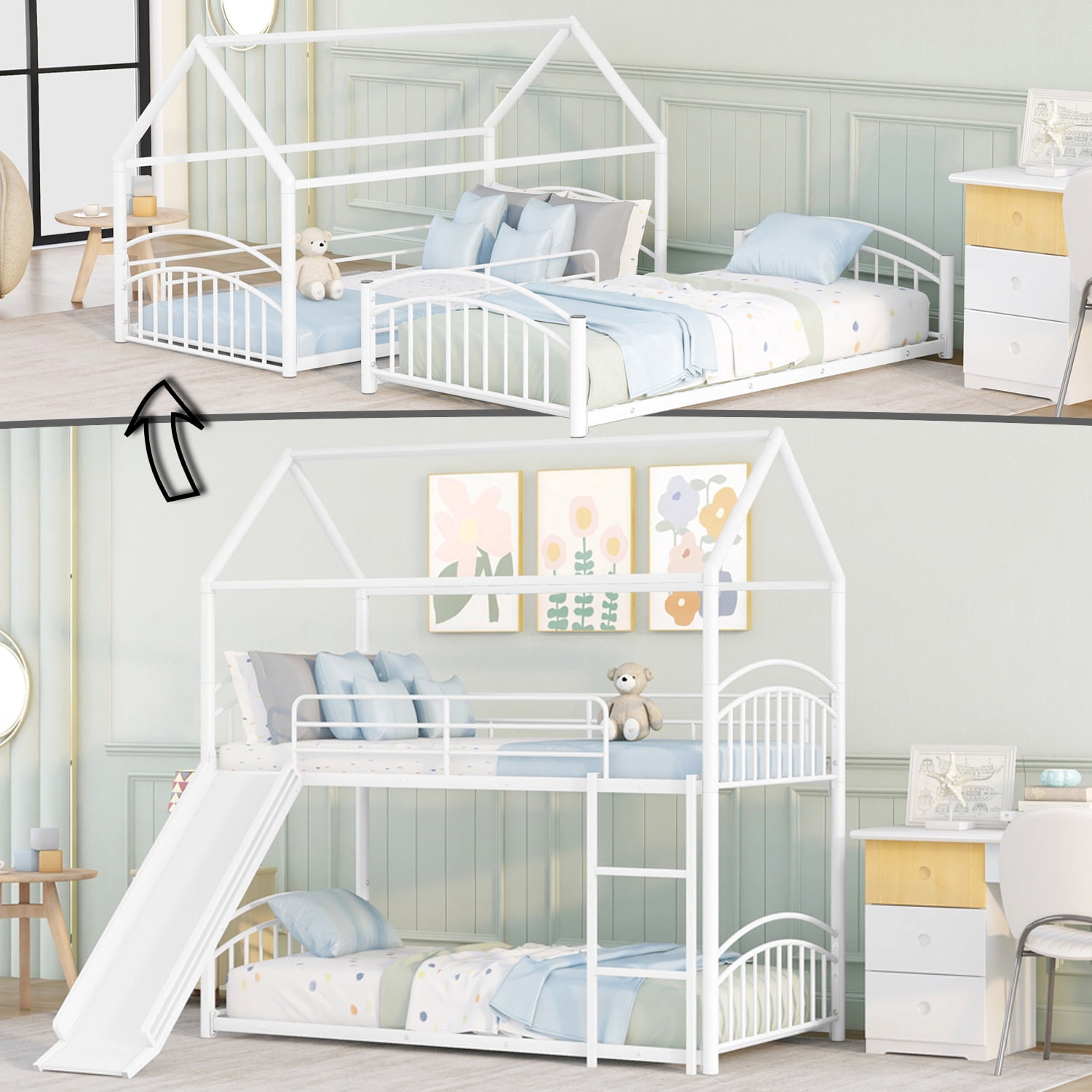 Llinc Store Convertible Twin Over Twin Metal Bunk Bed With Slide, Kids ...