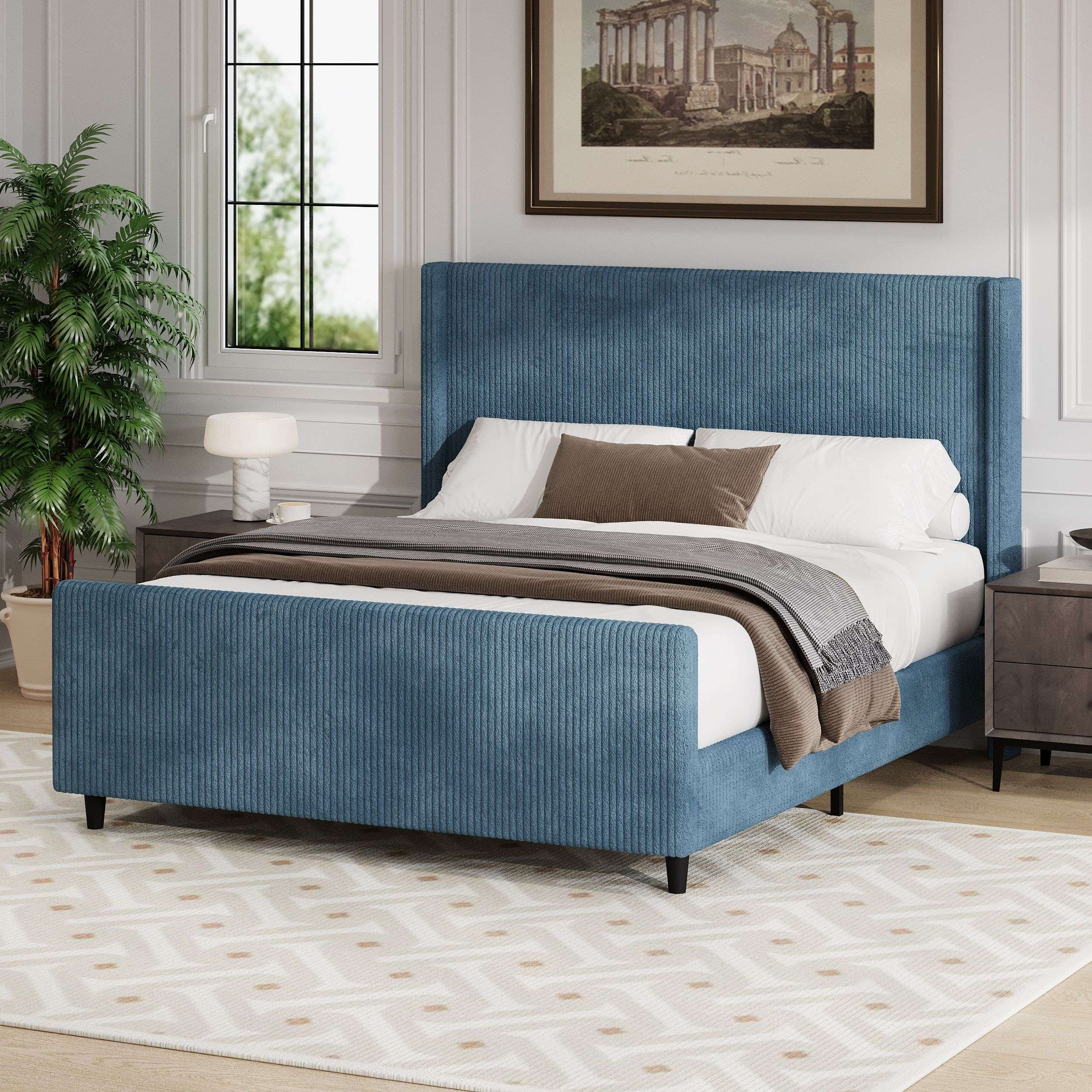 Llinc Store Corduroy Upholstered Queen Bed Frame with Vertical Stripe ...