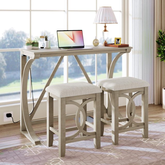 Llinc Store Farmhouse 3-Piece Counter Height Dining Table Set with USB ...