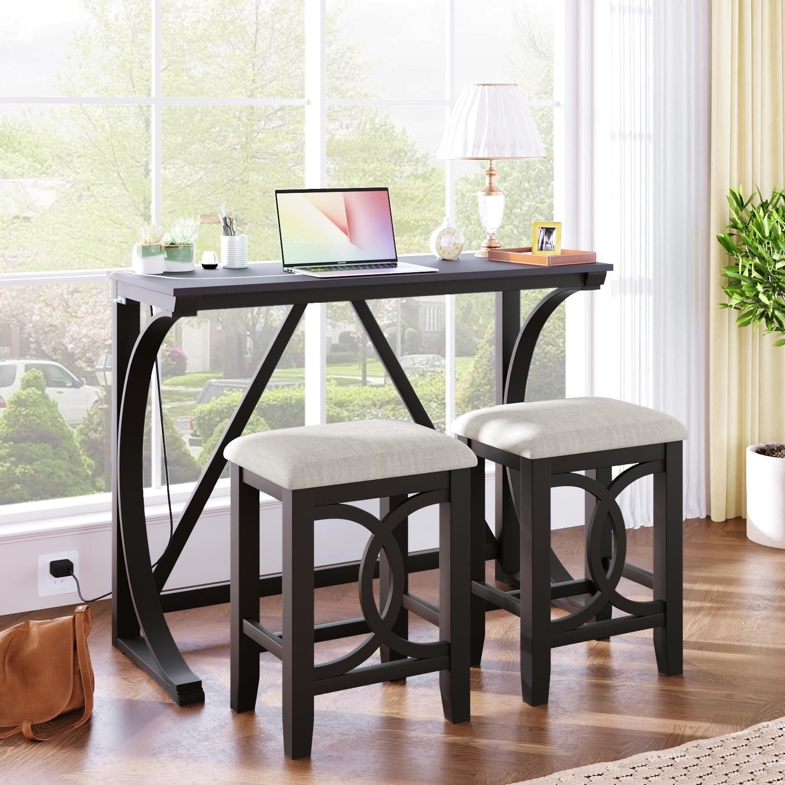 Llinc Store Farmhouse 3-Piece Counter Height Dining Table Set with USB ...