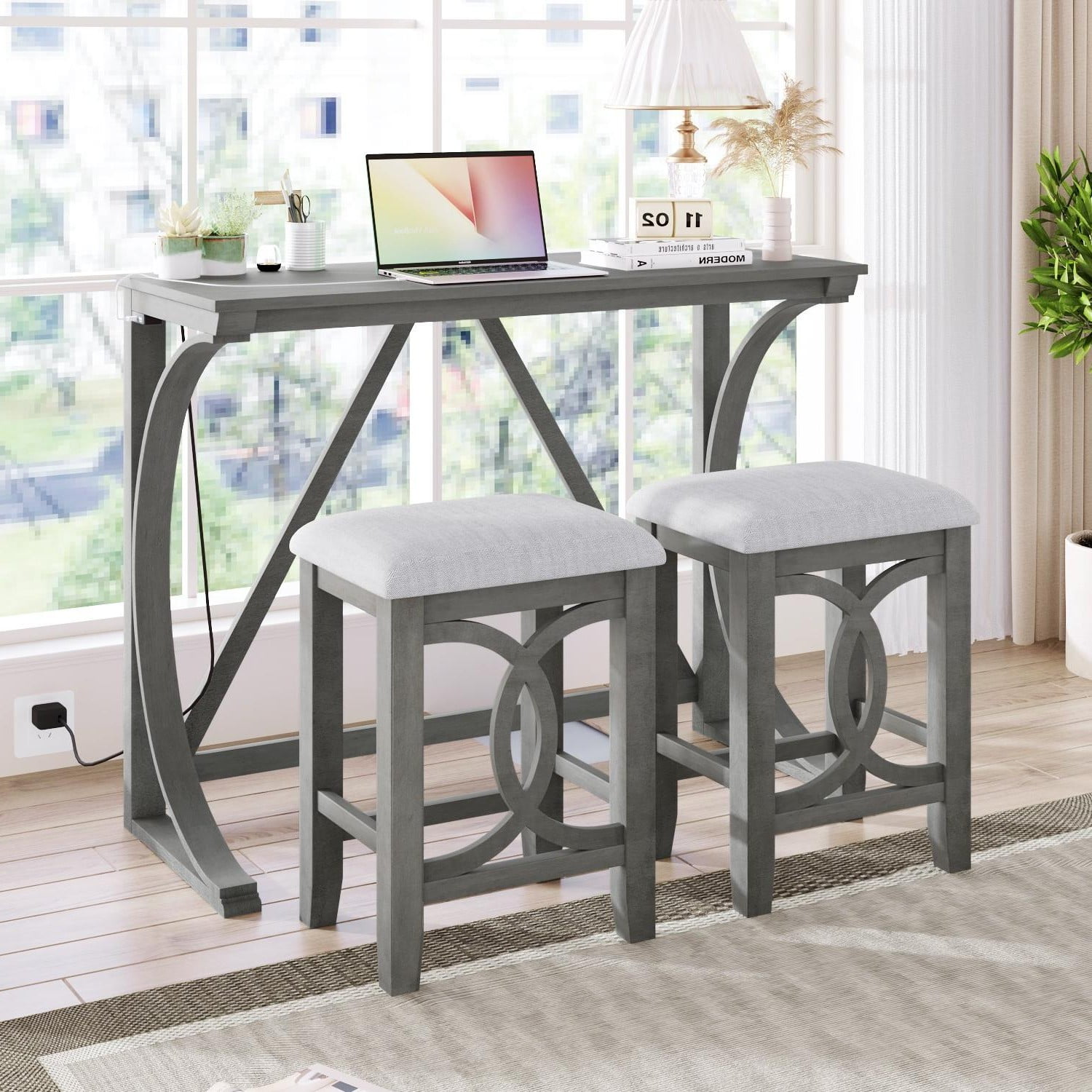 Llinc Store Farmhouse 3-Piece Counter Height Dining Table Set with USB ...