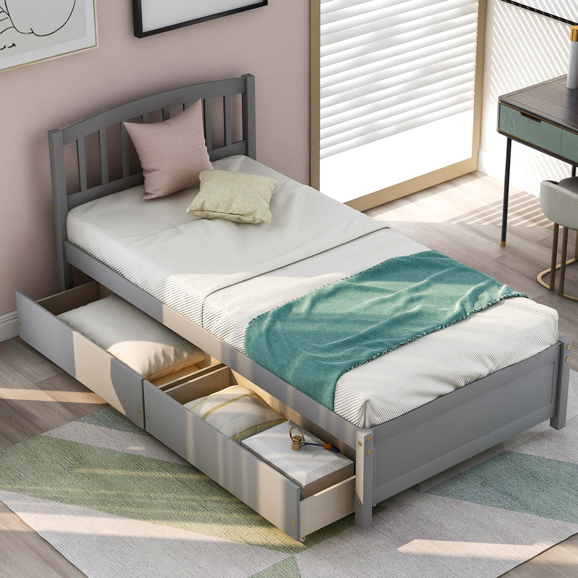 Llinc Store Modern Farmhouse Twin Platform Storage Wood Bed Frame with ...