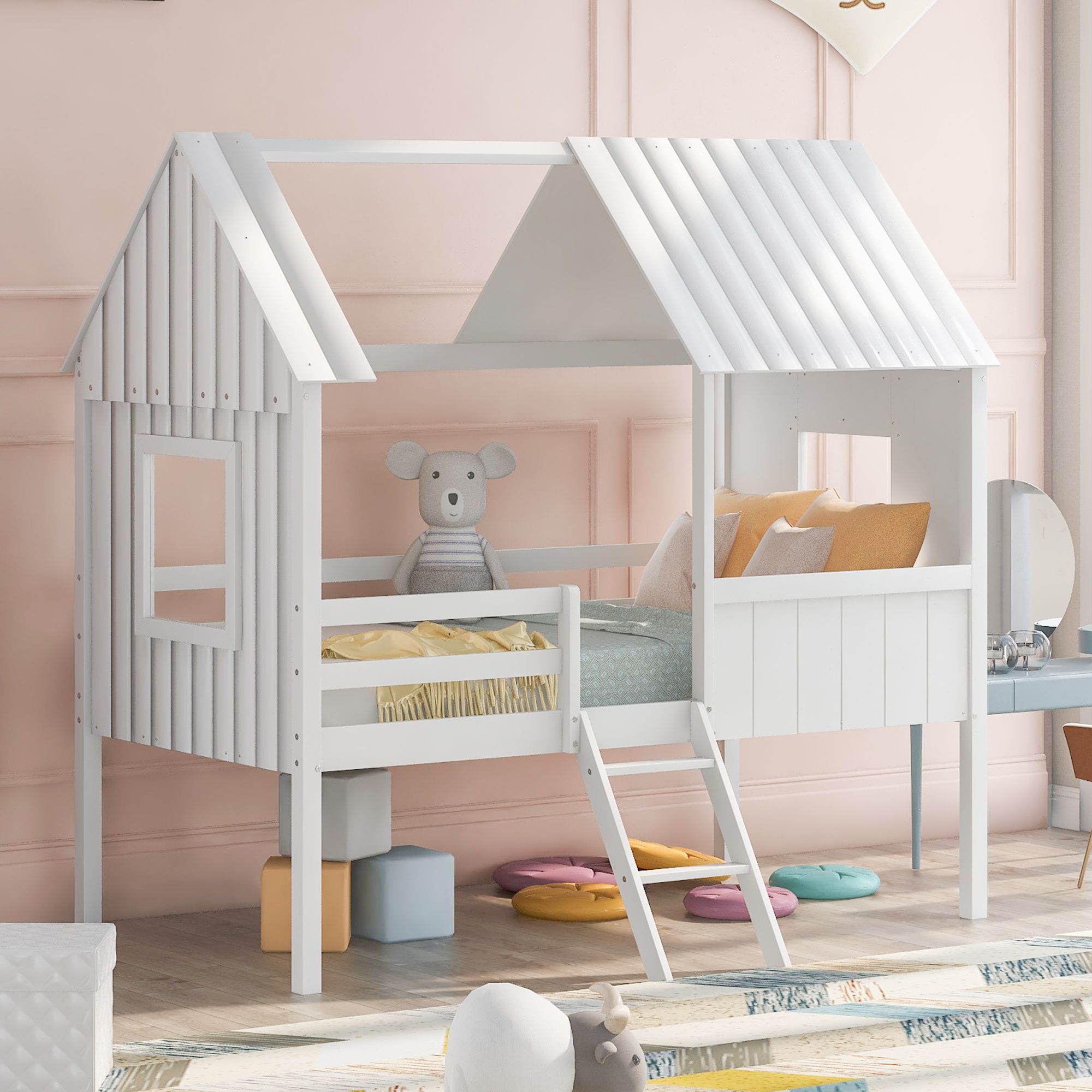 Llinc Store Modern Farmhouse Twin Size Low Loft Wood House Bed with Two ...