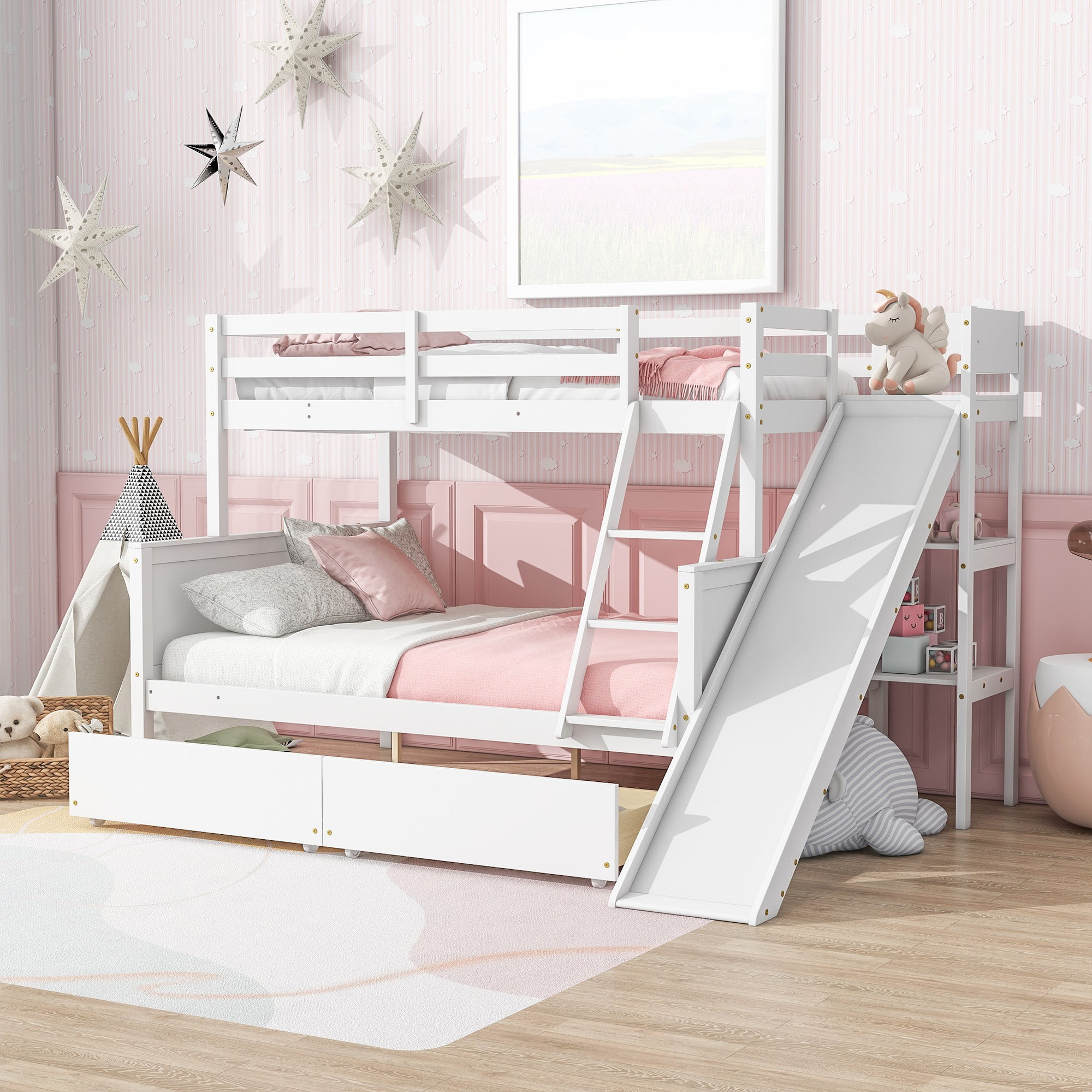 Llinc Store Twin Over Full Bunk Bed Frame, 2-In-1 Bunk Bed with 2 ...