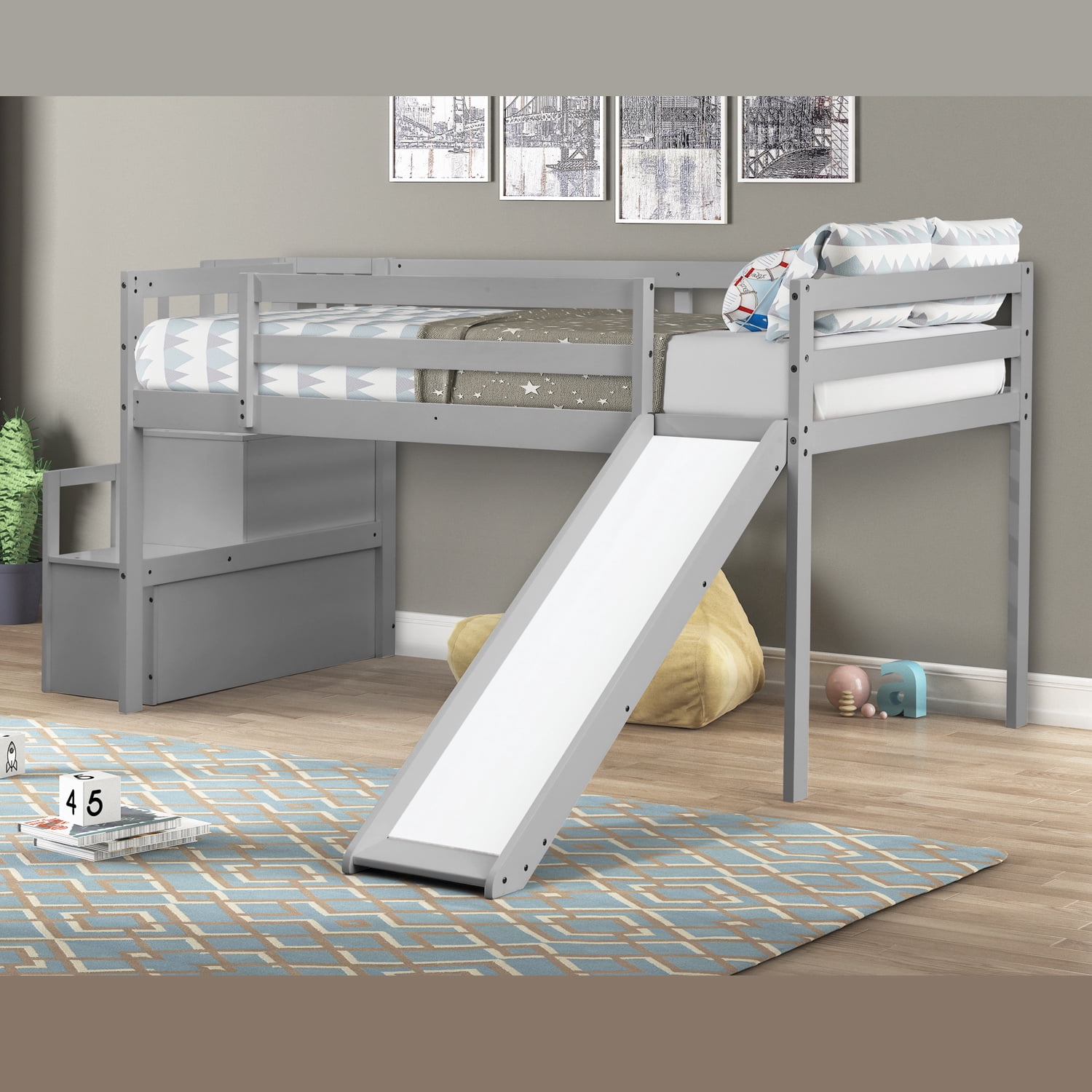 Llinc Store Twin Size Loft Bed with Staircase, Storage, Playpen Bed ...