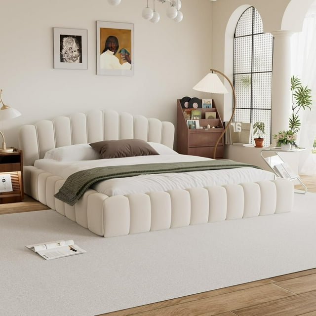 Llinc Store Velvet Upholstered Queen Bed Frame Floor Bed Shell-Shaped ...
