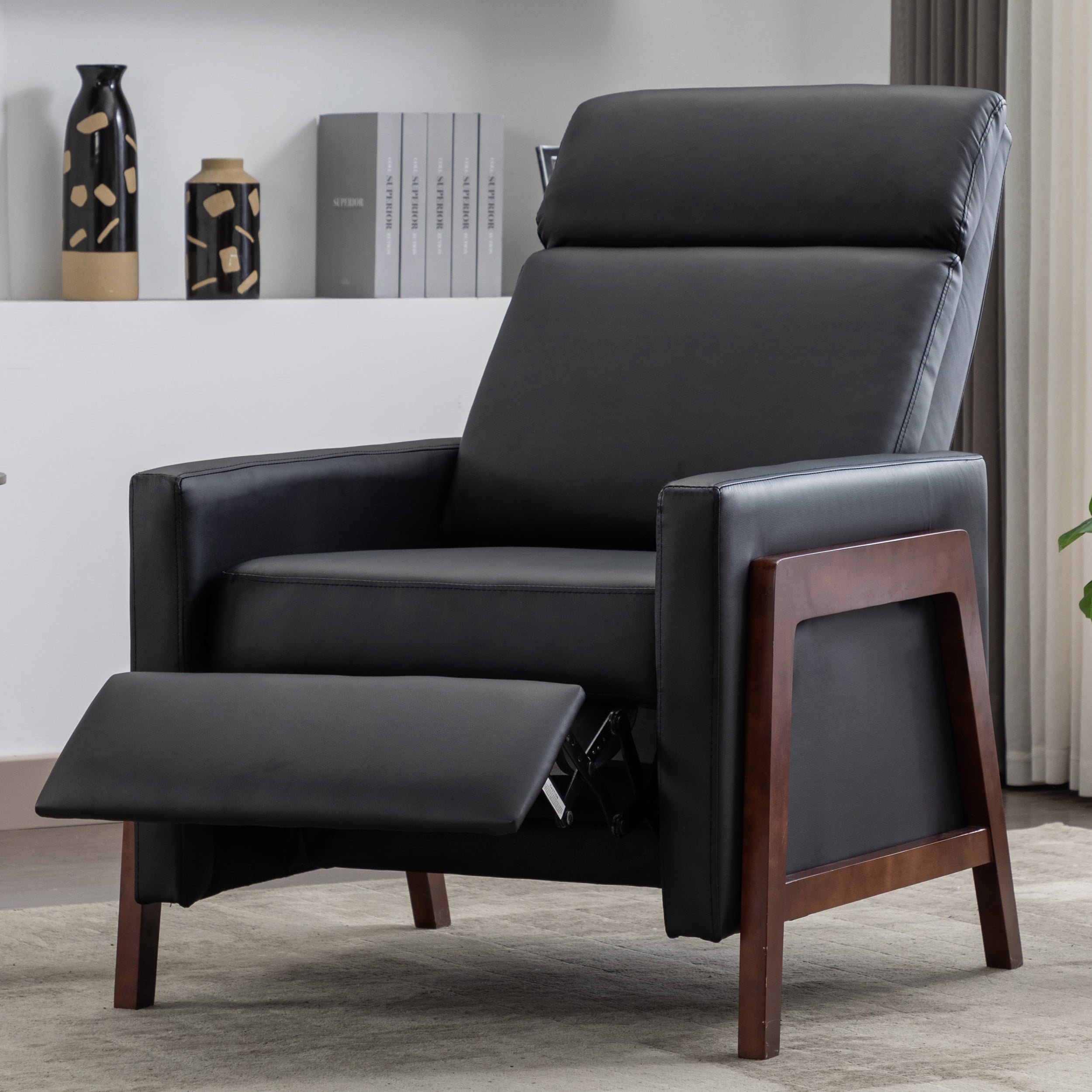Llinc Store Wood-Framed PU Leather Recliner Chair Adjustable Home ...