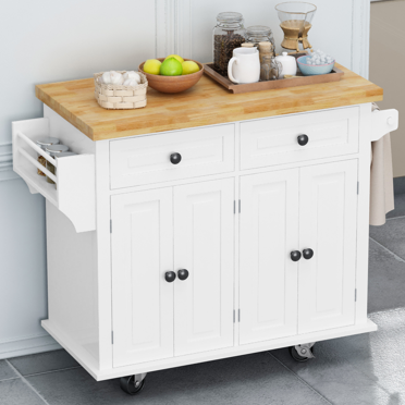 Costway Portable White Kitchen Cart with Wooden Top, Drawers and ...