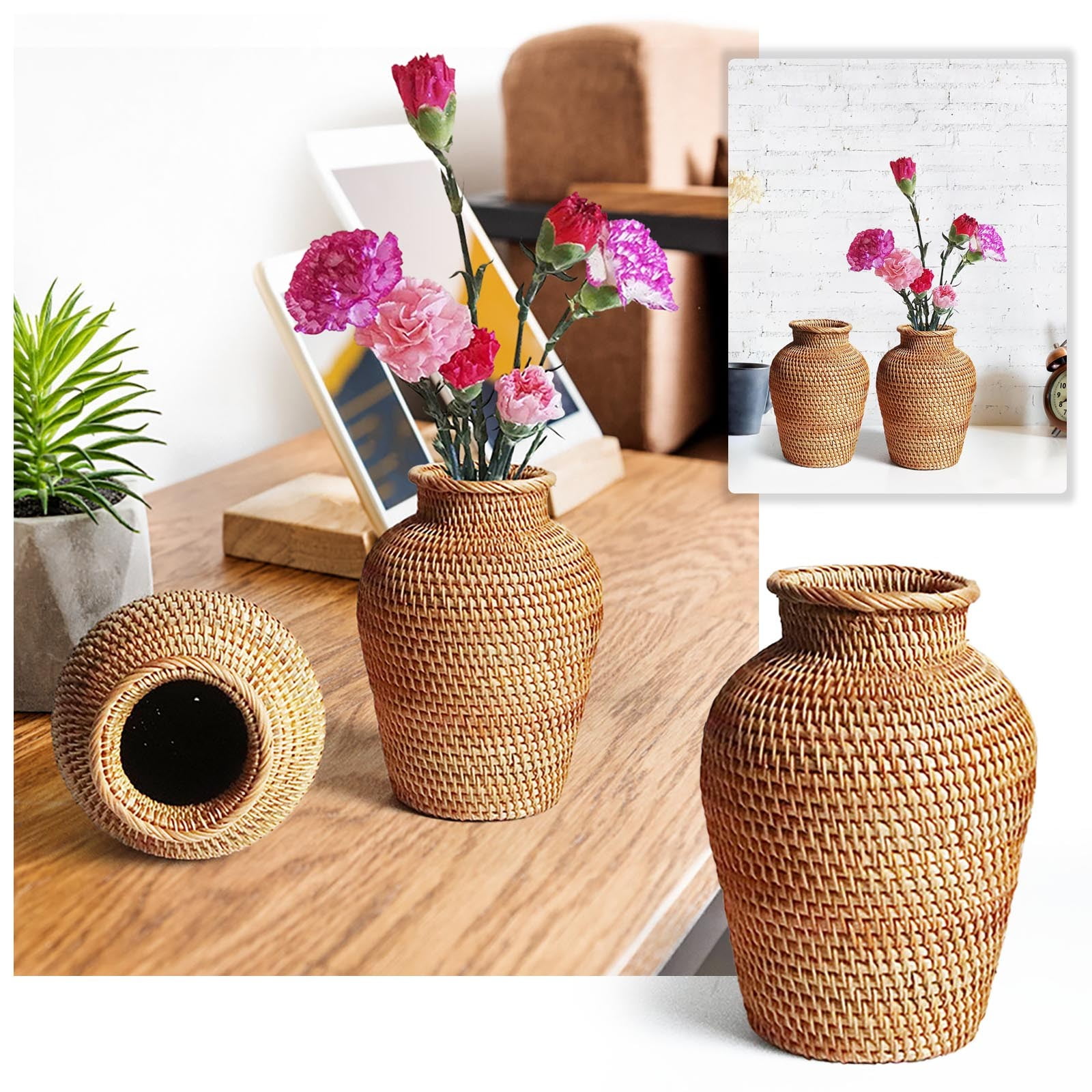 Lloopyting Fake Flowers Rattan Vase Flower Pot Holder Storage Wicker ...