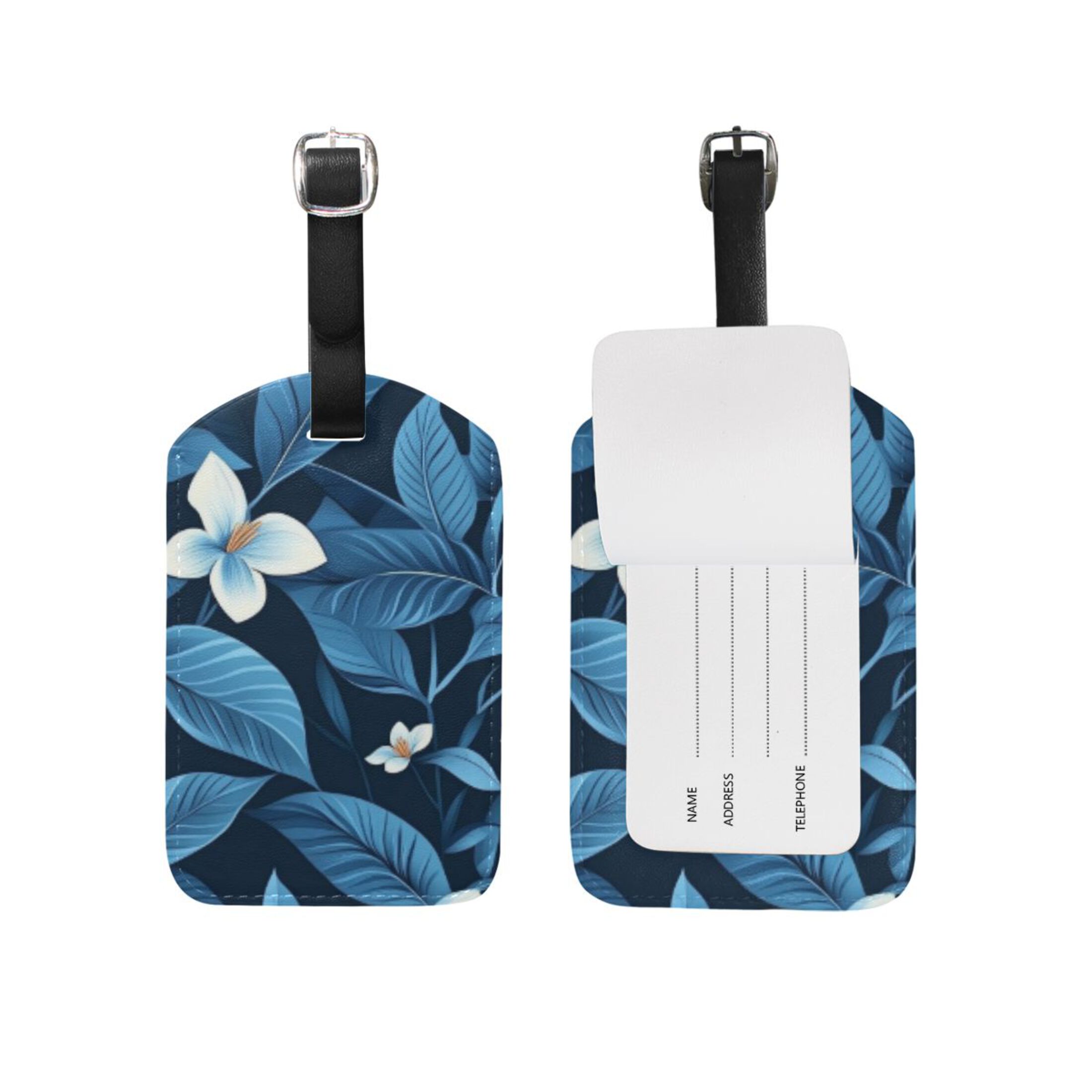 Llustration Of Blue Leaves and White Flowers Luggage Tags PU Leather ...