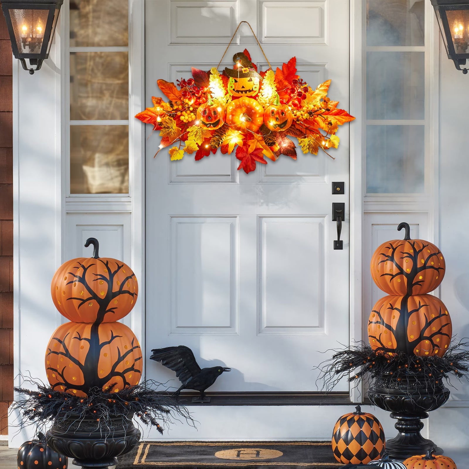 LmnLft Fall Maple Leaf Swag with Lights, 17x10 Inch Lighted Pumpkin ...