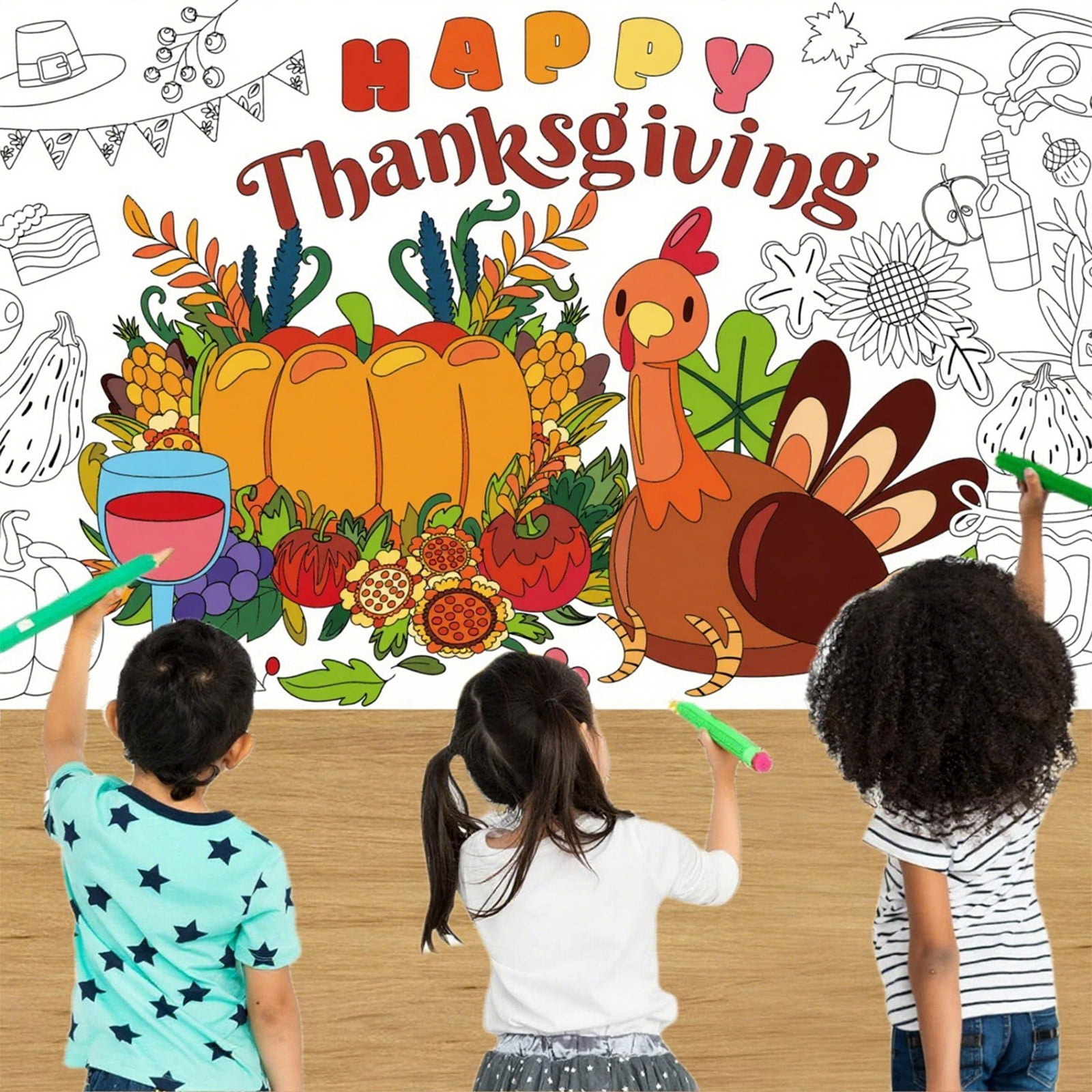 LmnLft Giant Thanksgiving Coloring Poster Tablecloth, Fall Turkey and ...