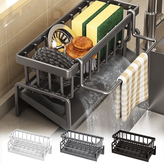 LmnLft Sponge Kitchen Sink Caddy with Auto Draining Tray - Organize ...