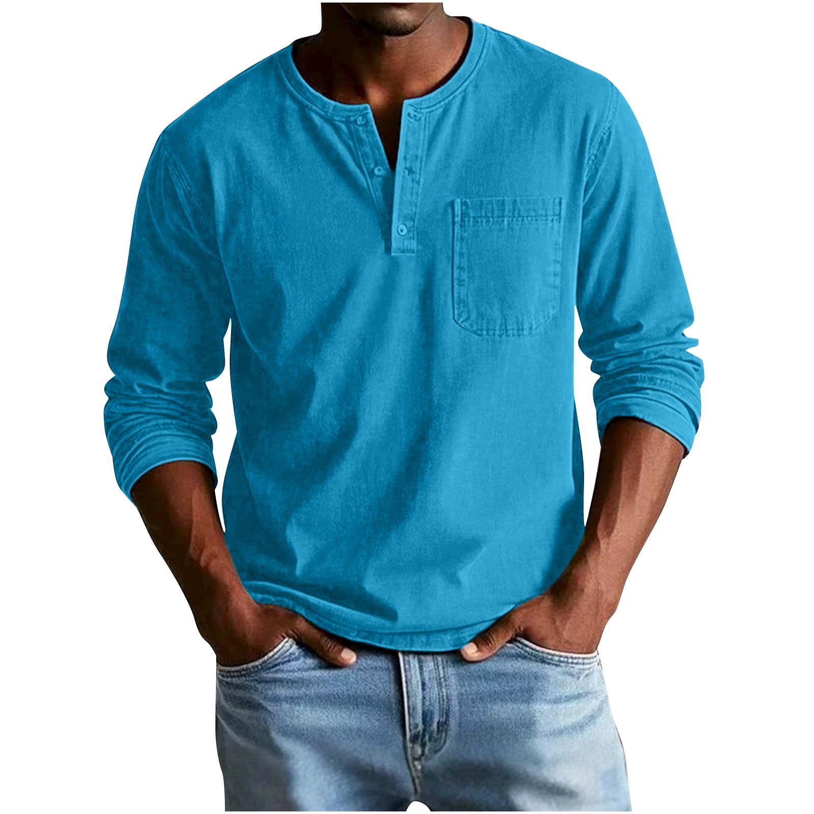 Lmnyox Long Sleeve Casual Shirts for Men Button Crew Neck Vintage ...
