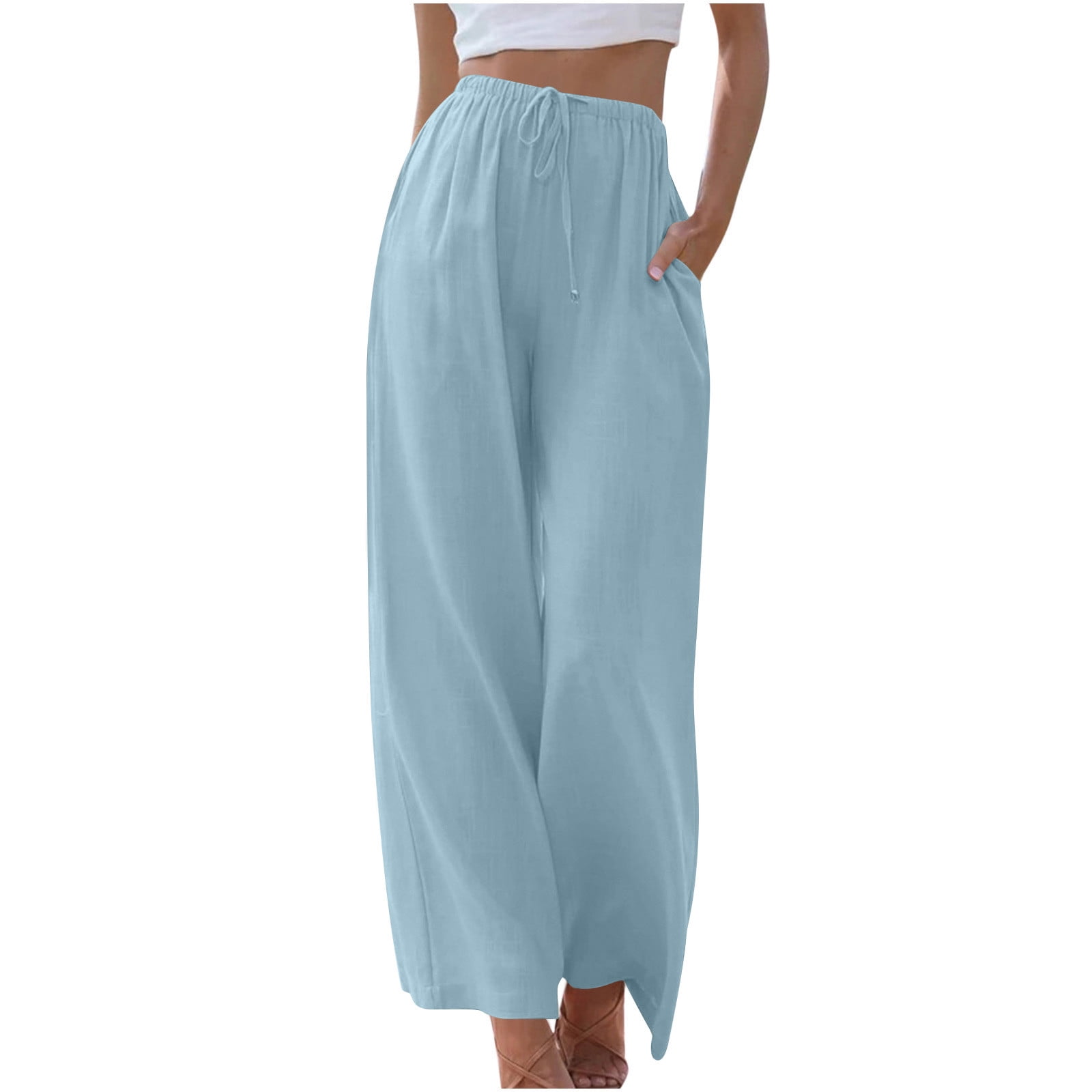 Lmnyox Summer Flowy Linen Trousers Wide Leg High Waist Drawstring ...