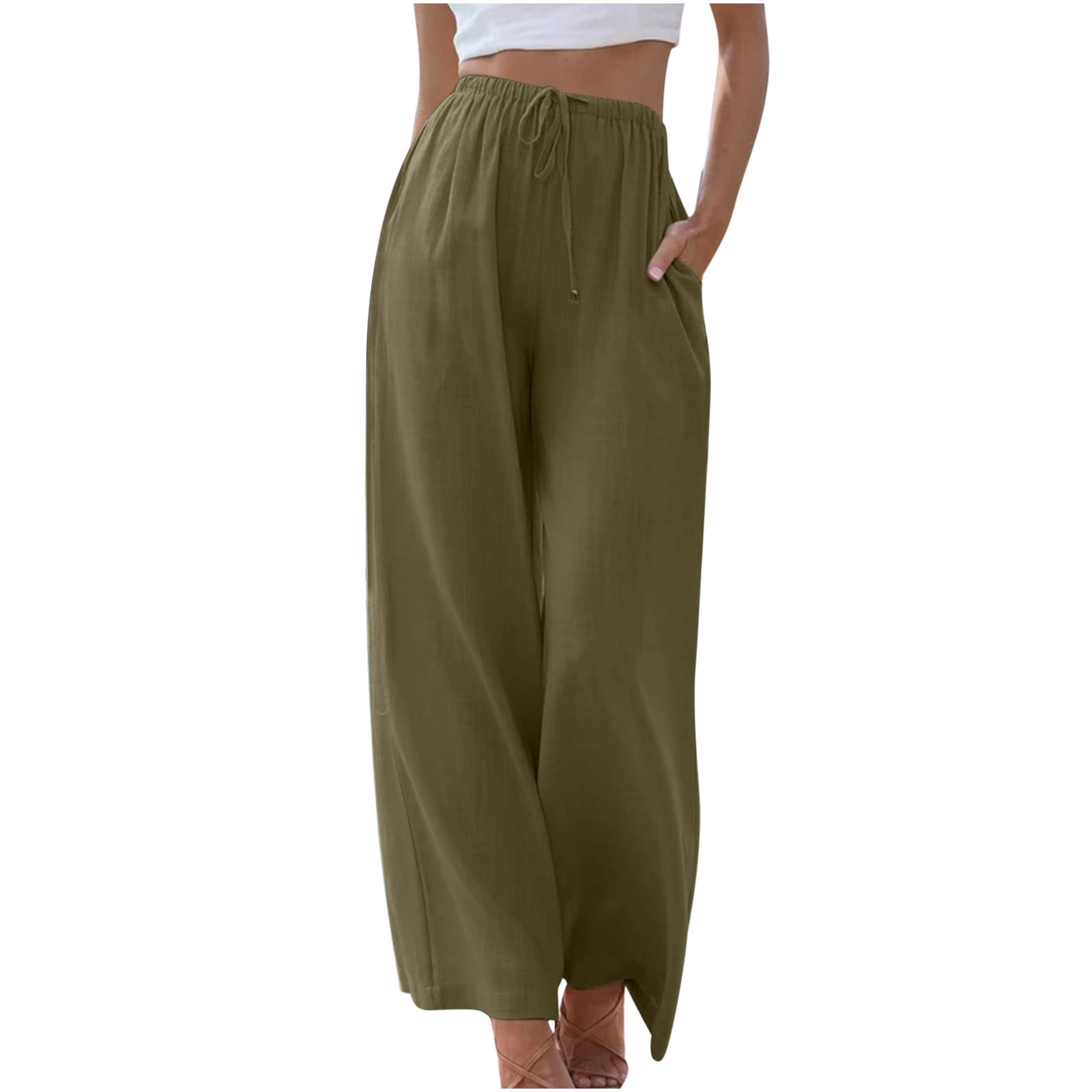 Lmnyox Women's Cotton Linen Capris Wide Leg Elastic Waist Crop Trouser ...