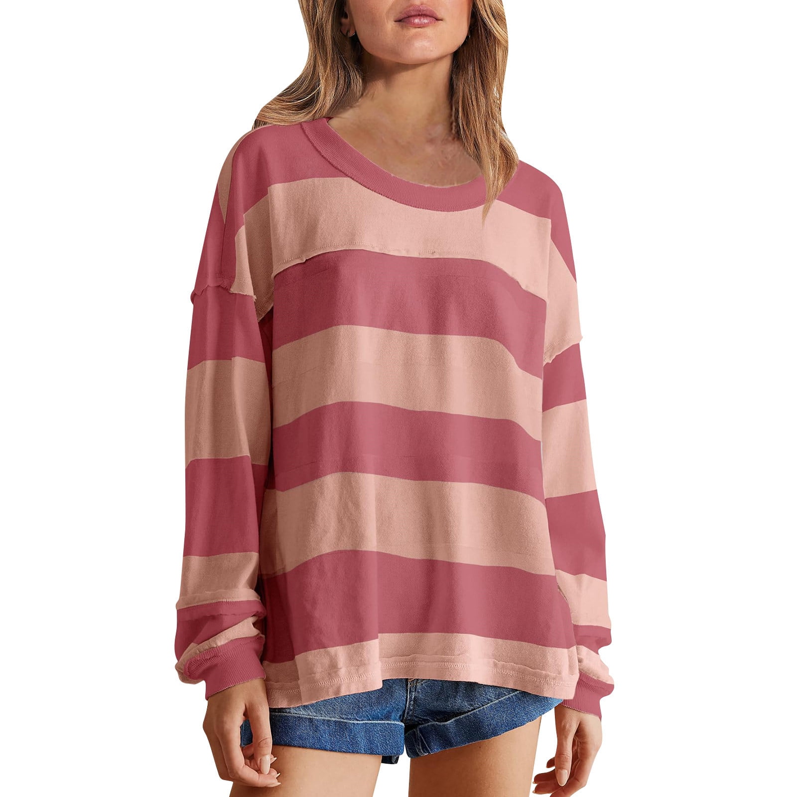 Lmnyox Women's Striped Shirts Baggy Long Sleeve Crew Neck T Shirt Fall ...