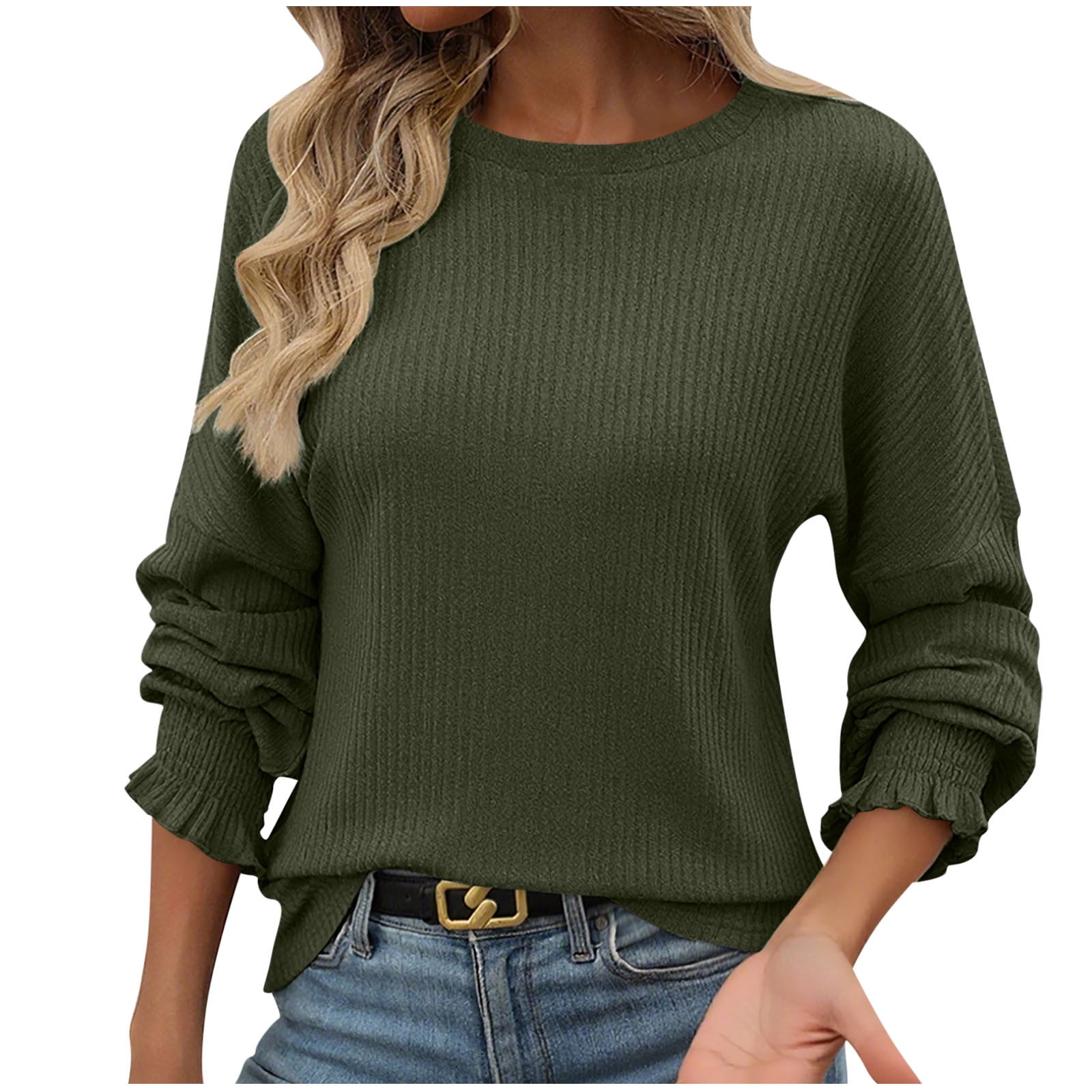 Lmnyox Women's Trendy Tops Ruffle Long Sleeve Round Neck Solid Blouses ...