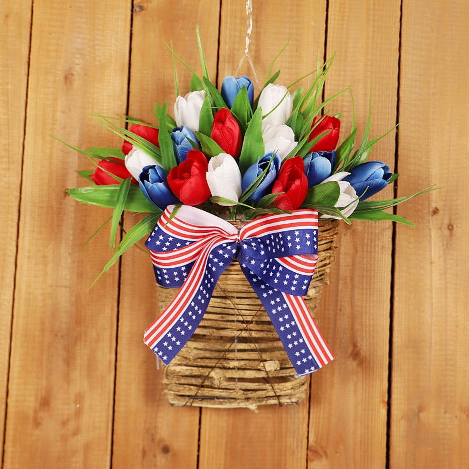 Lmueinov 13-Inch Rustic Red White And Blue Patriotic Fabric Front Door Wreath With Metal Star ...
