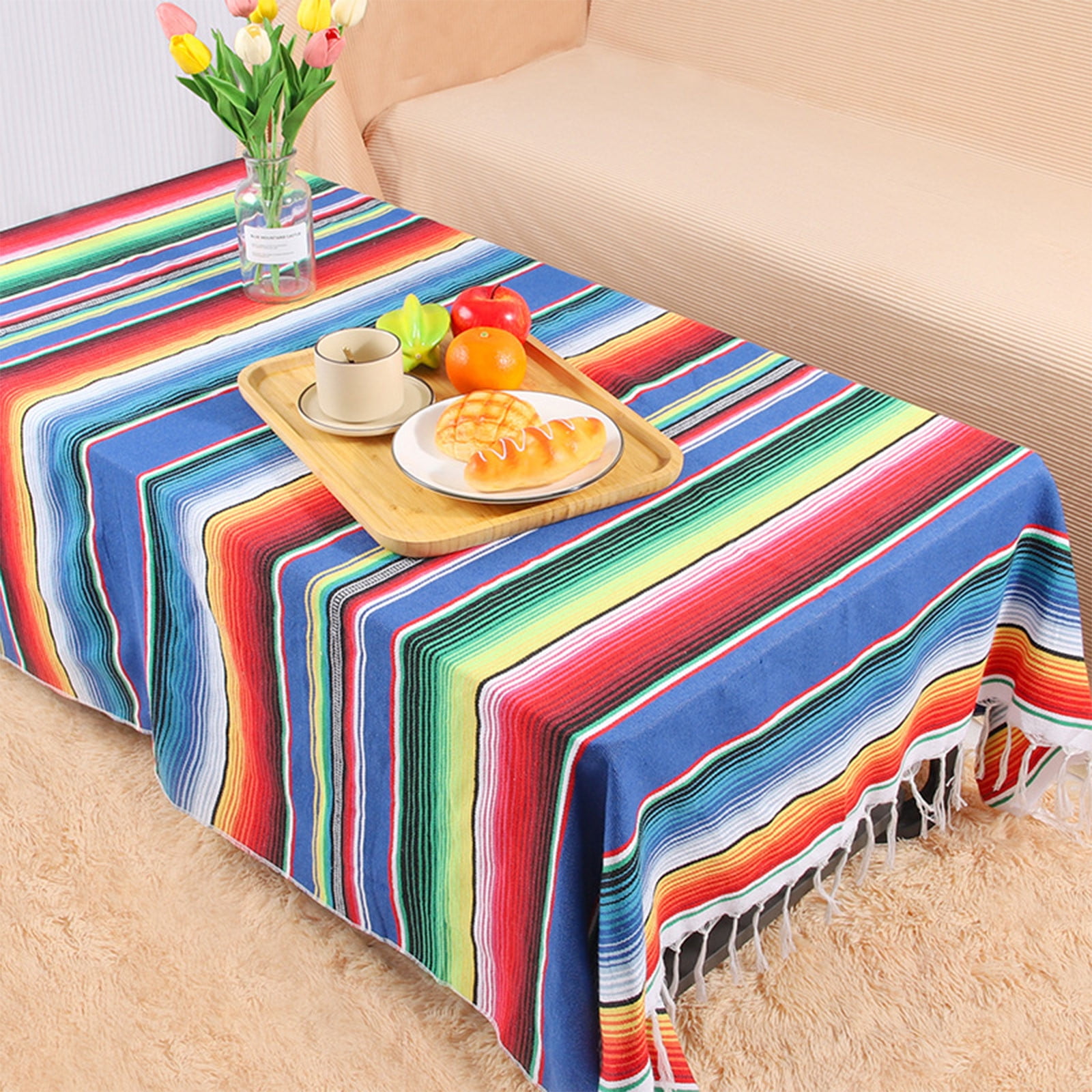 Lmueinov Mexican Blanket Striped Tablecloth Large Square Fringe Cotton ...