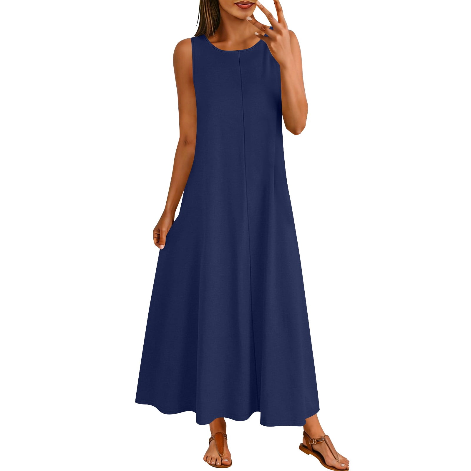 Lmueinov Women's Nylon-Spandex Sleeveless Round Neck Loose Maxi Dress ...