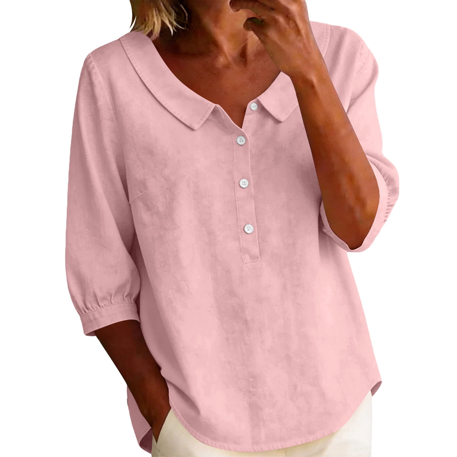 Lmueinov Womens Collared 3/4 Sleeve tops 100% Cotton V-Neck Half-Button ...