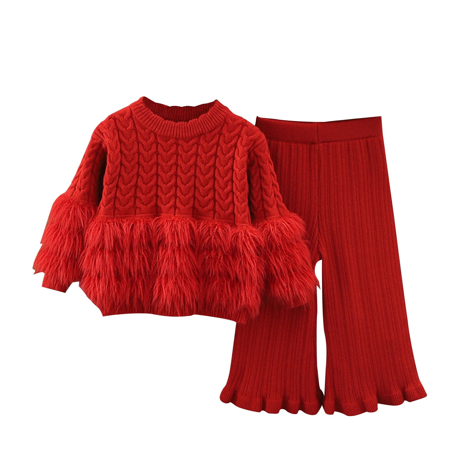 Lndajk Big Girl Cable Knit Sweater Long Faux Furryry Trim Sleeves Round ...