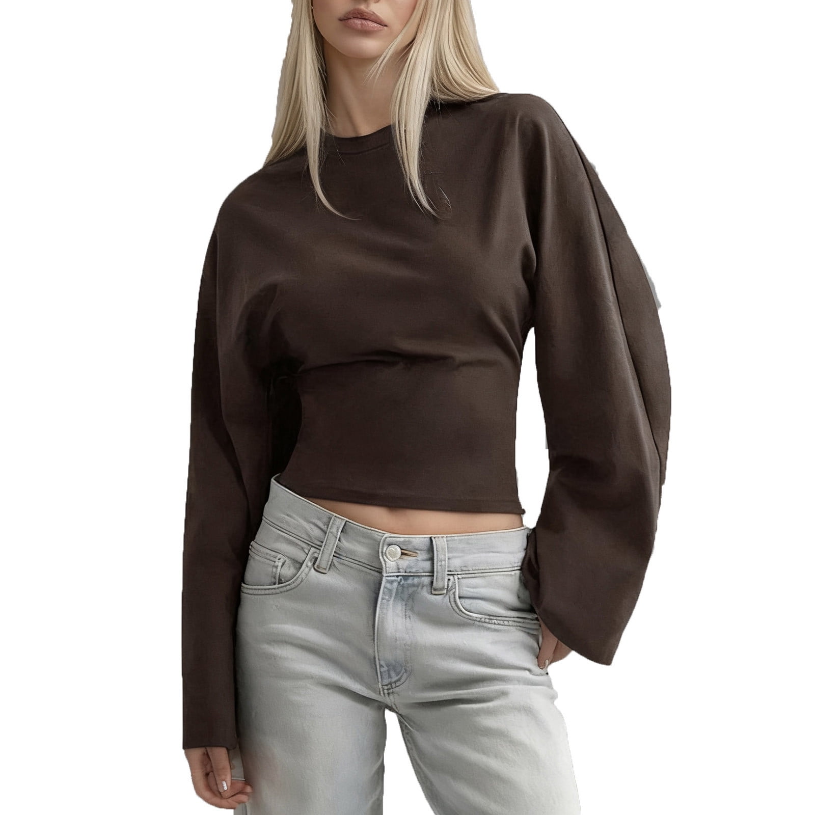 Lndajk Crop Tops for Women Long Sleeve Ruched Cinched Waist Cropped ...