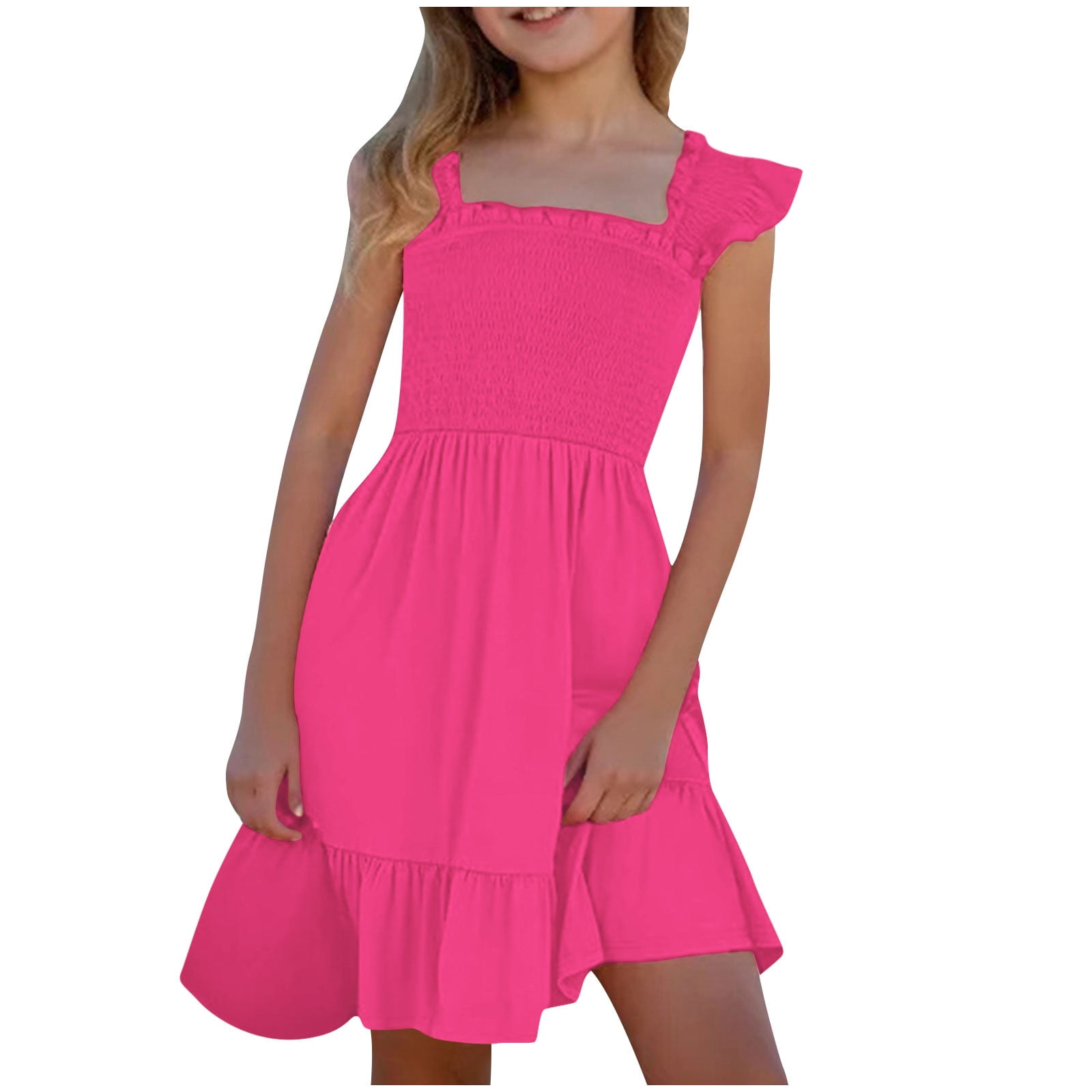 Lndajk Girls' Sleeveless Smocked Waist Tiered Dress Summer Double Layer ...
