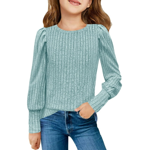 Lndajk Kids' Long Sleeve Ribbed Knit Top: Round Neck, Puff Sleeves ...