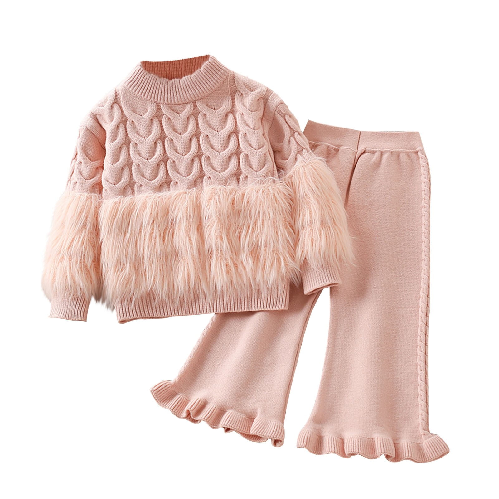 Lndajk Toddler Girls Cable Knit Sweater Long Faux Furryry Trim Sleeves ...