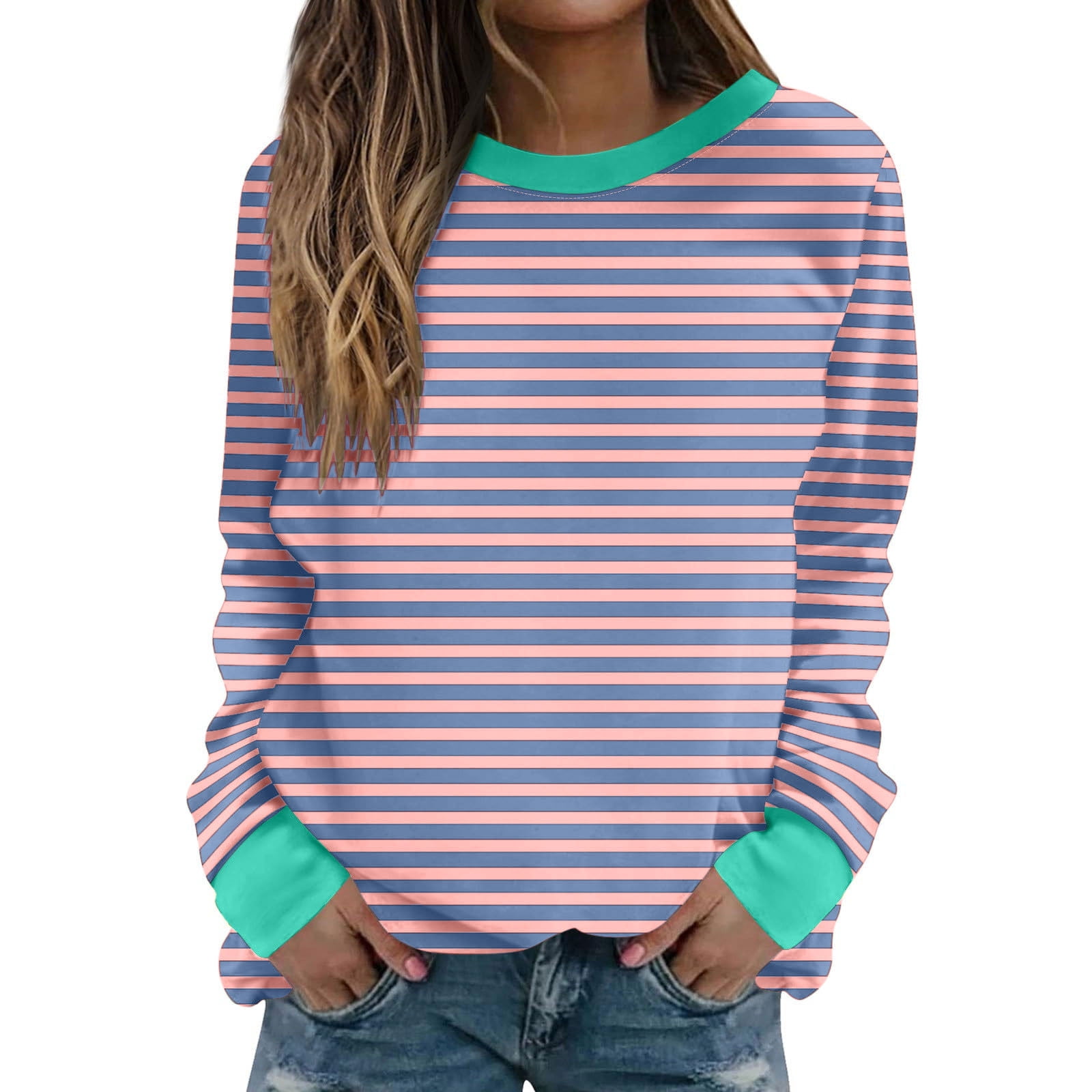 Lndajk Women Oversized Striped Color Block Long Sleeve Crew Neck ...