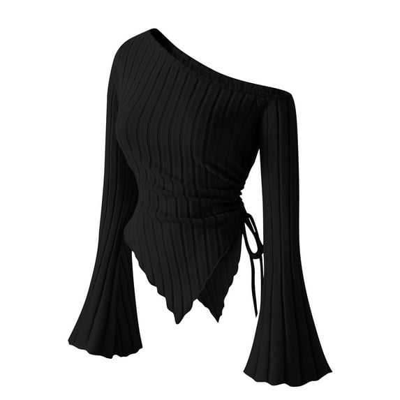 Lndajk Women's Long Sleeve Crop Tops Off Shoulder Bell Sleeve ...