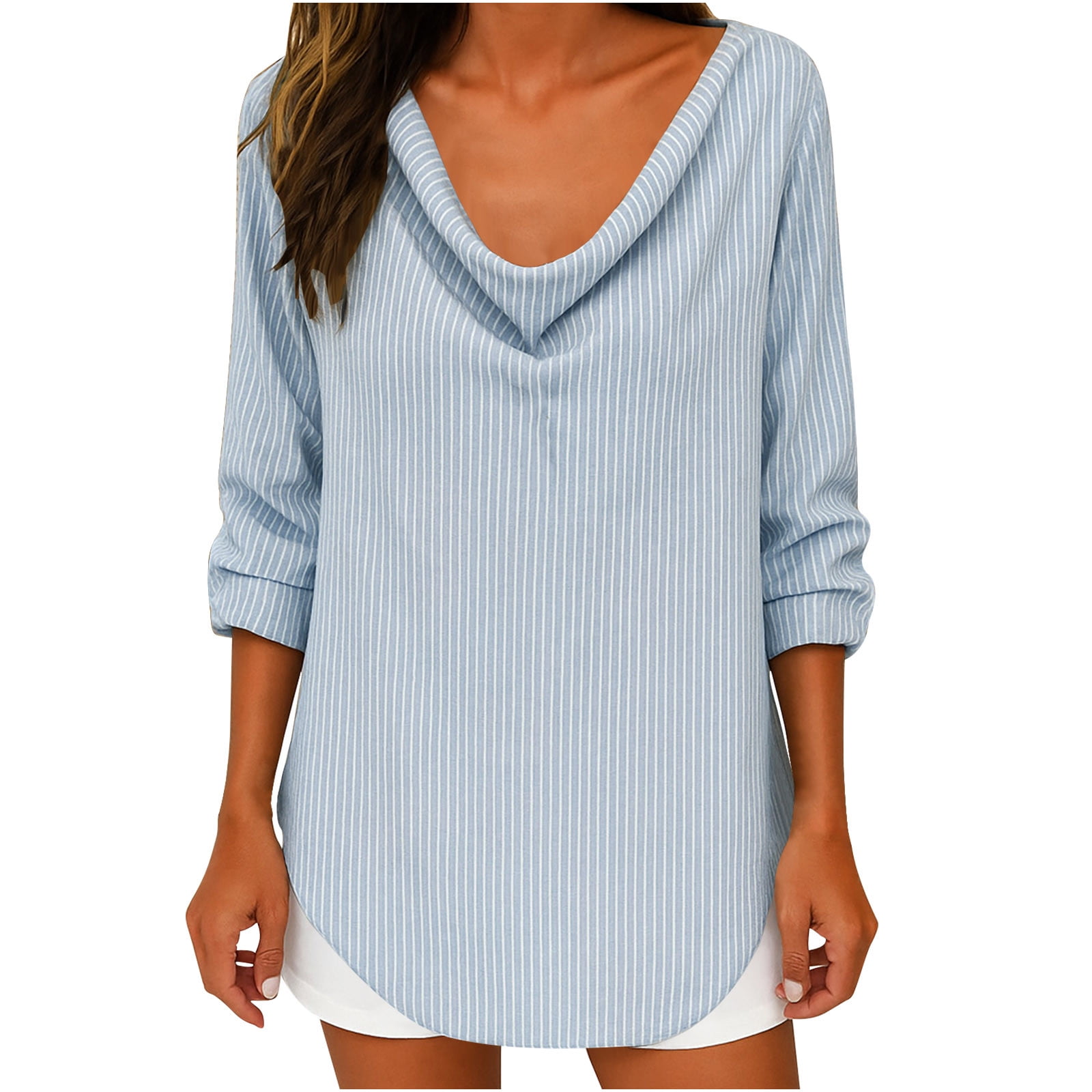 Lndajk Women's Striped Shirts Relaxed Fit Cotton Linen Cowl Neck Blouse ...