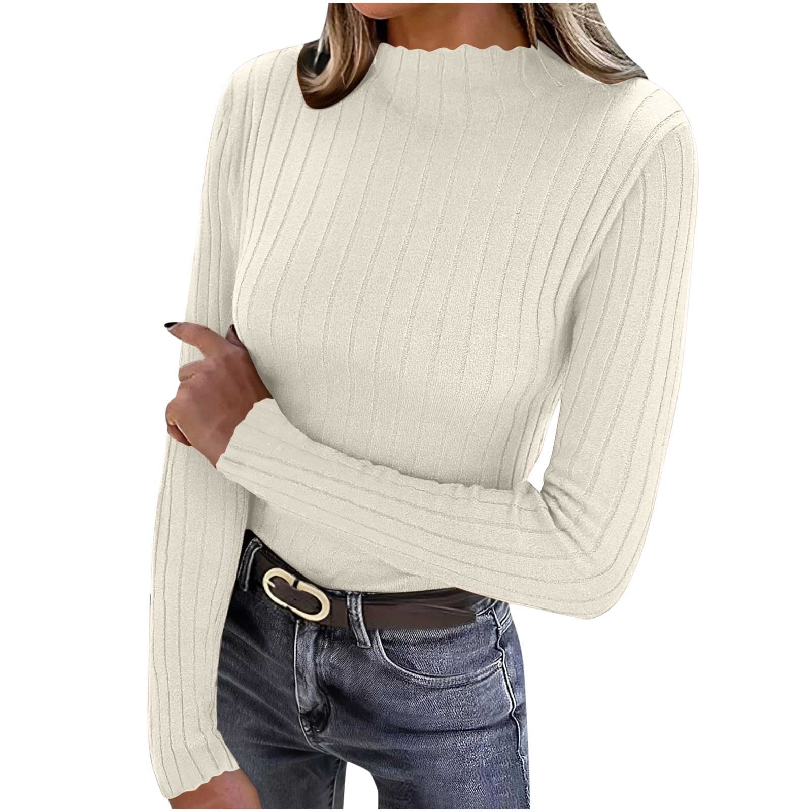 Lndajk Women's Sweater Lettuce Trim Mock Neck Slim Fit Tops Long Sleeve ...