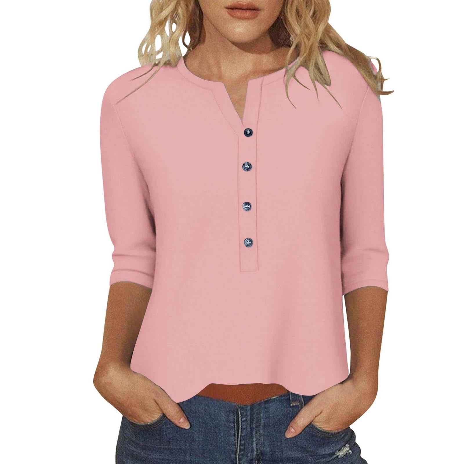 Lndajk Womens 3/4 Sleeves Tops Button Down V Neck Casual Solid Color ...