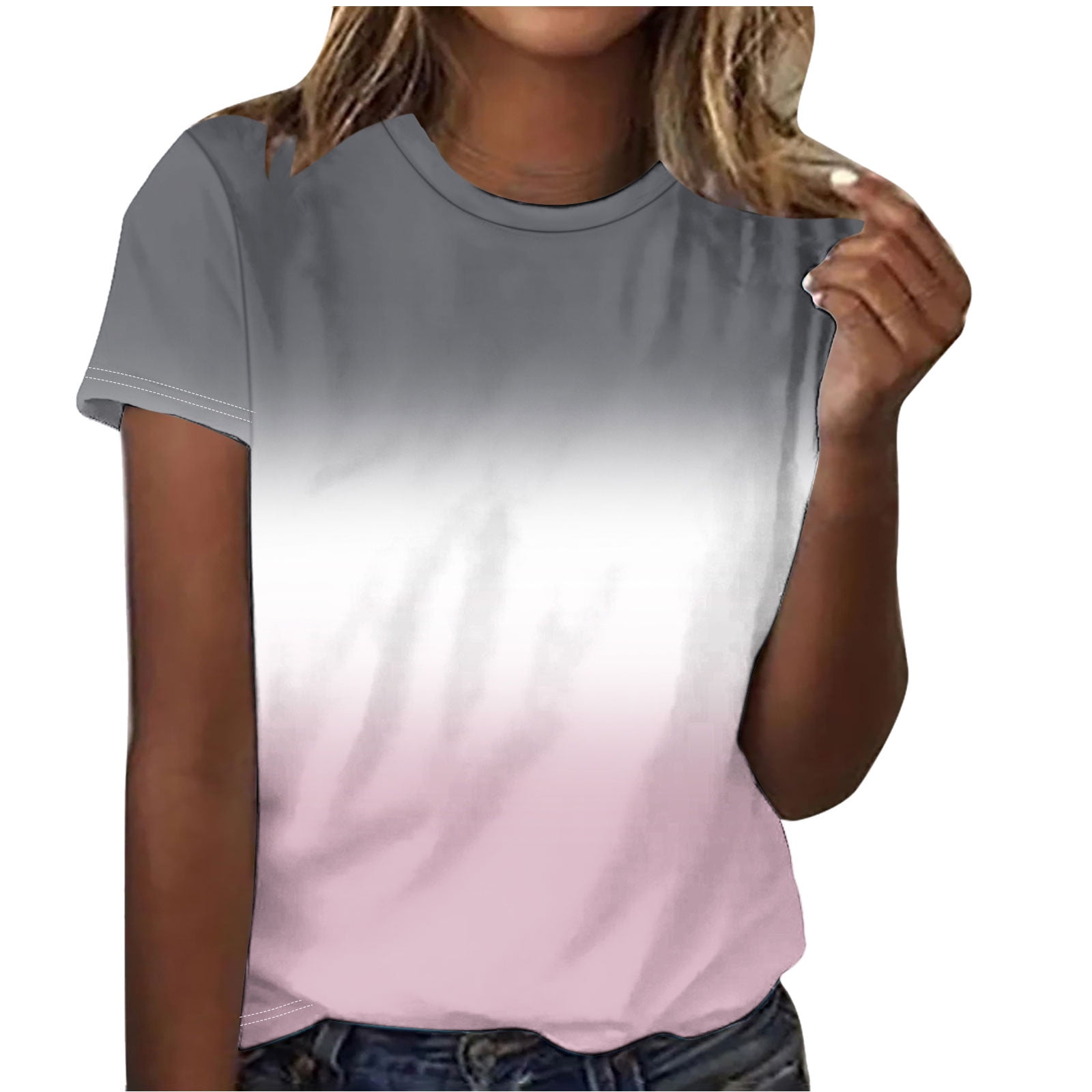 Lndajk Womens Ombre Tops Dressy Casual Short Sleeve Tie Dye Gradient ...