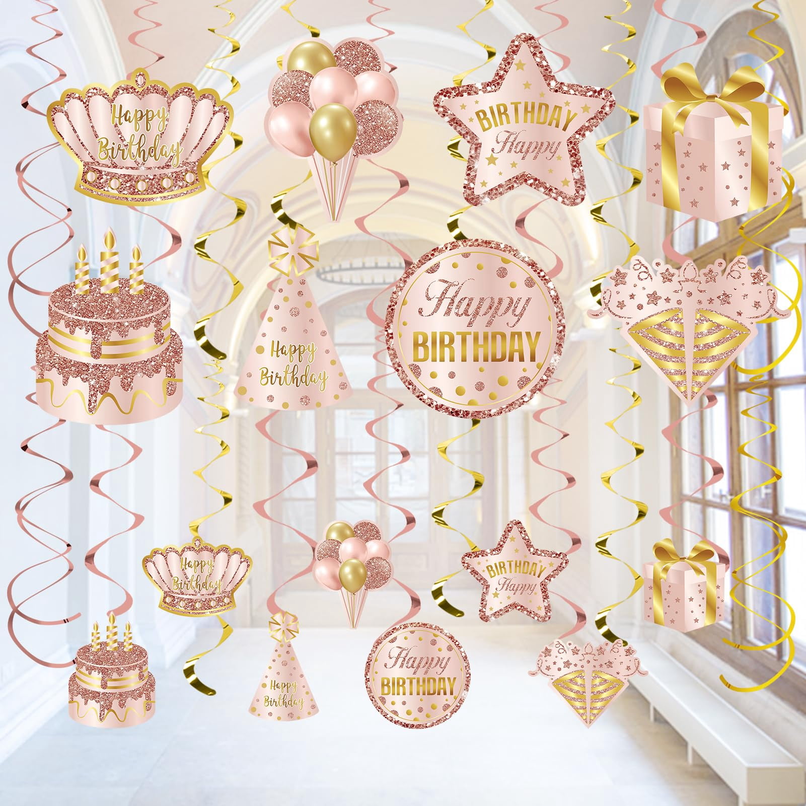 Lnlofen Pink Rose Gold Birthday Hanging AFN1Swirls Decorations for ...