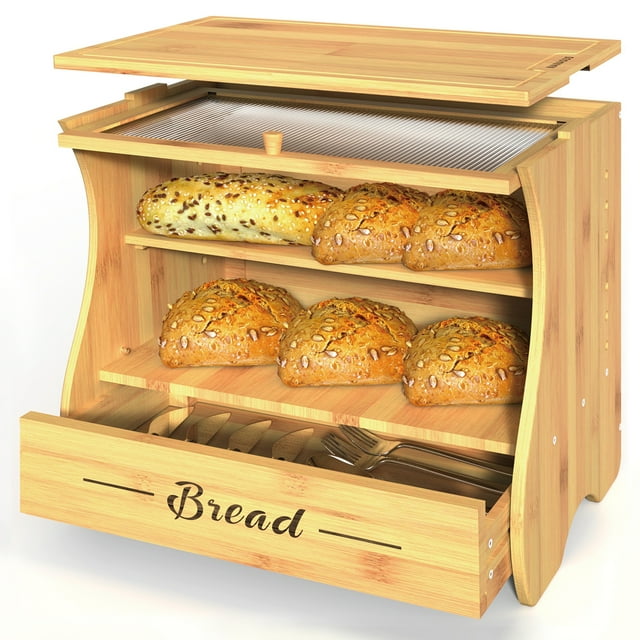Lnrkai Large Acrylic Bamboo Bread Bin, Double Layer Airtight Storage ...