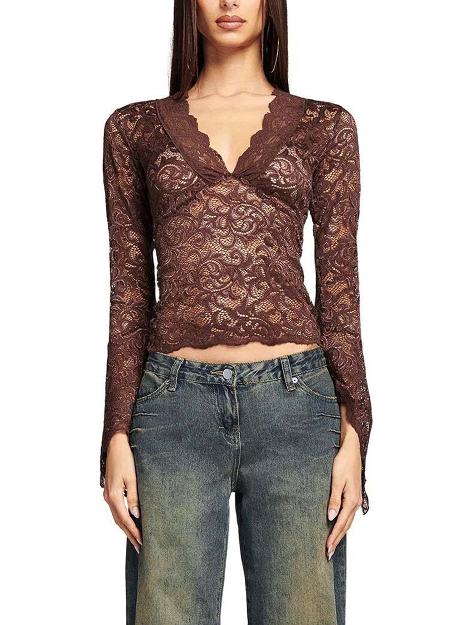 Lnzyyephy Women Crop Tops, Long Sleeve V Neck Lace See Through Solid ...
