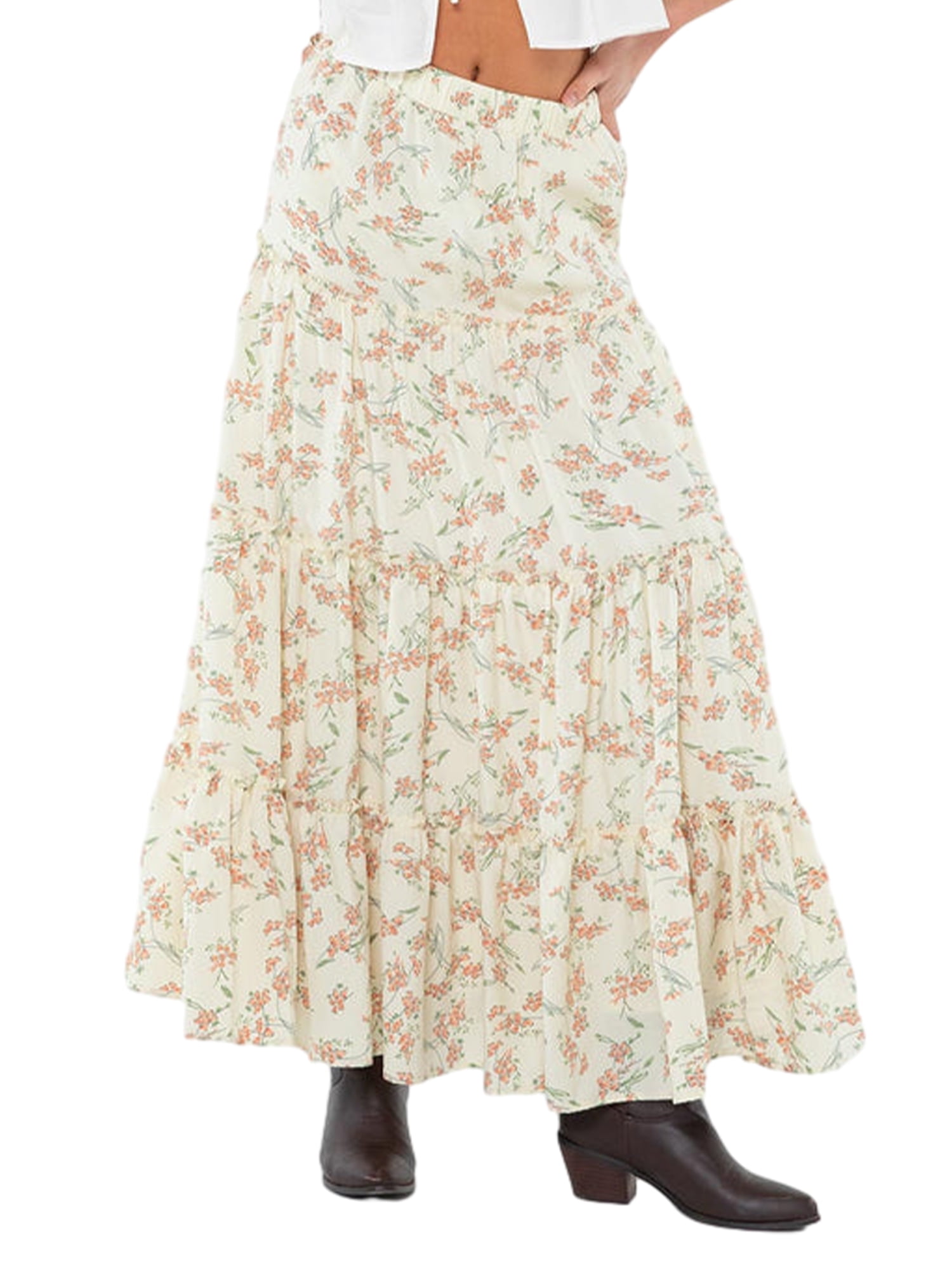 Lnzyyephy Women's Long Skirts Floral Print/Solid Color Elastic Waist ...