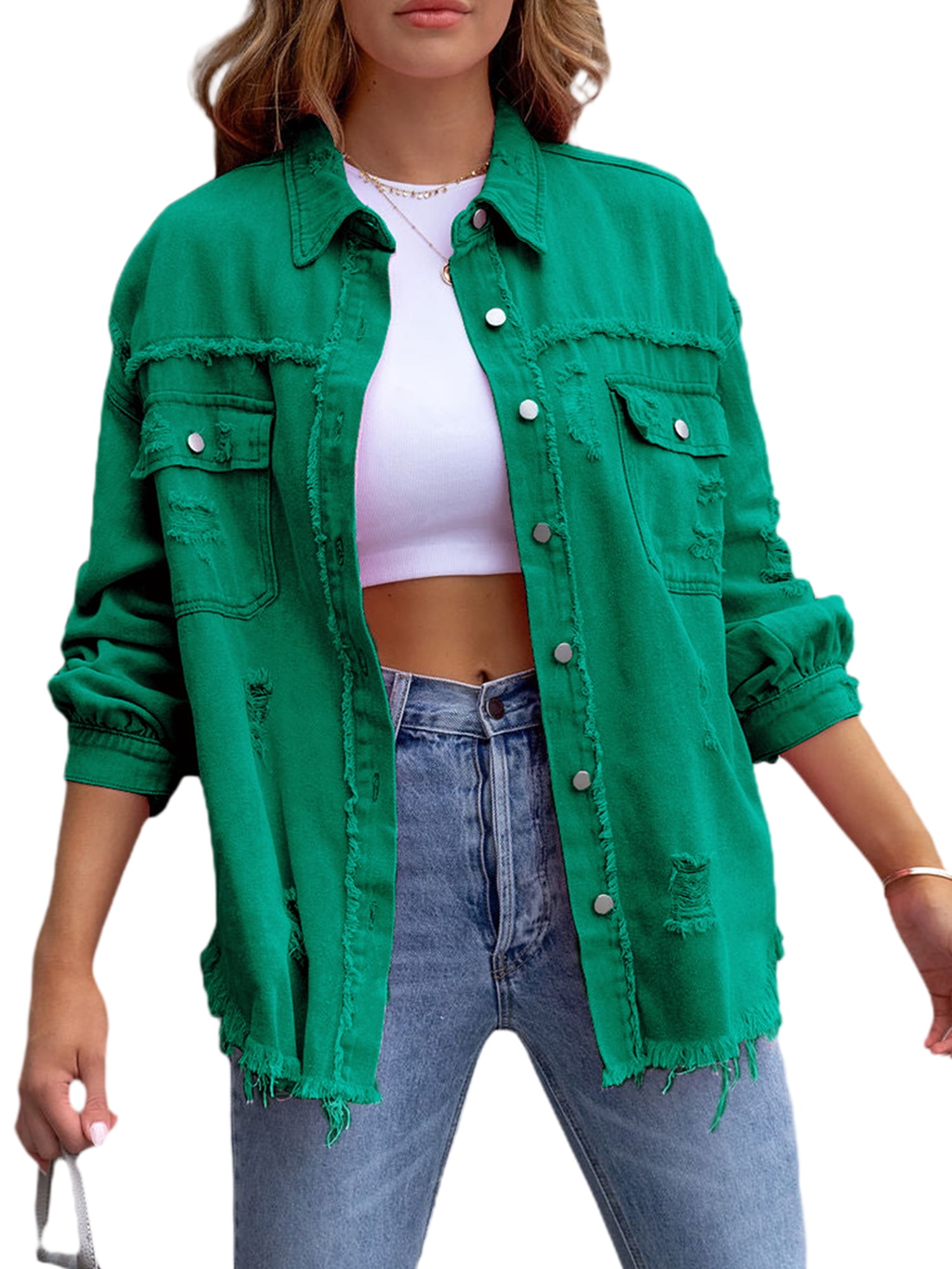 Lnzyyephy Women's Ripped Distressed Denim Jacket Long Sleeve Button ...
