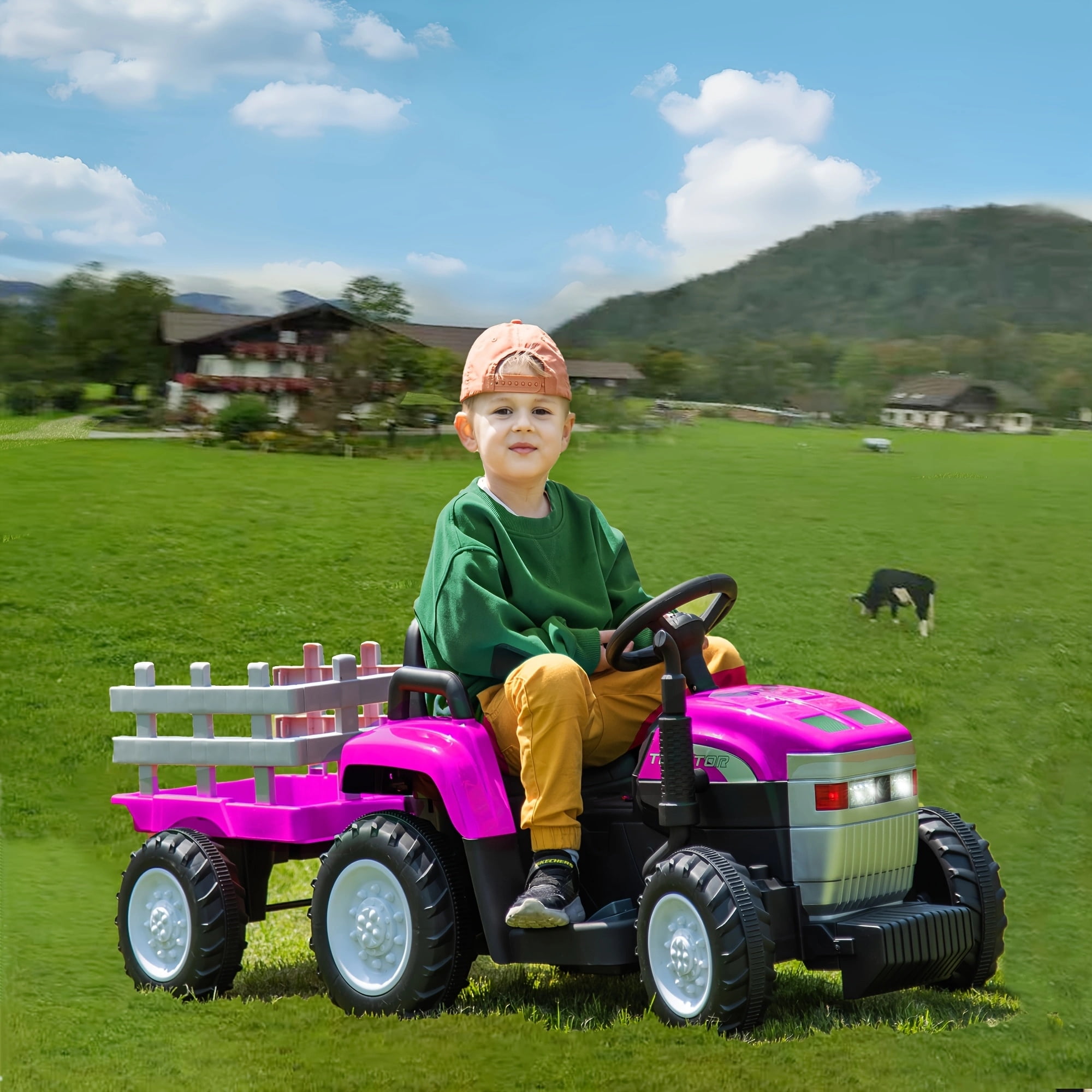 LoLado 12V7AH Battery-Powered Ride on Toy Tractor with Trailer, Remote ...