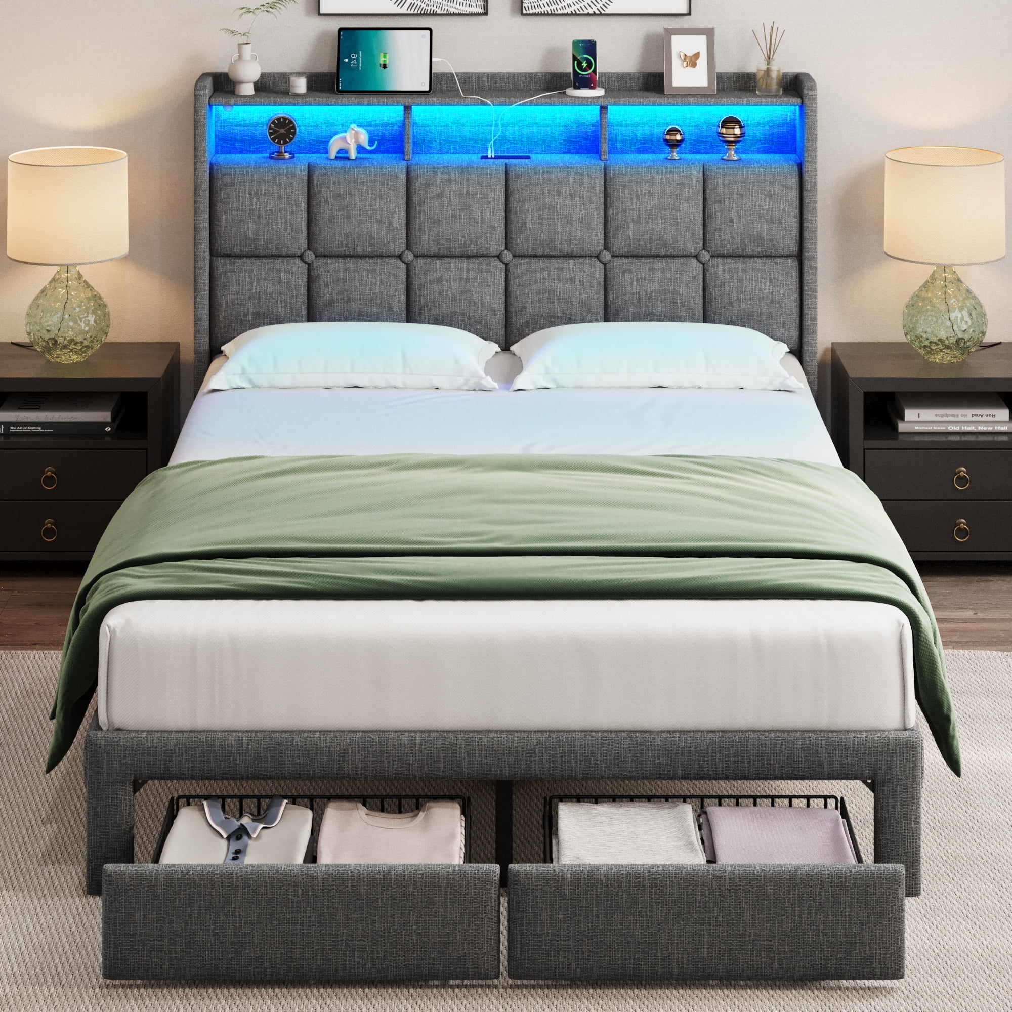 LoLado LED Full Size Bed Frame with 2 Storage Drawers, Upholstered Bed ...