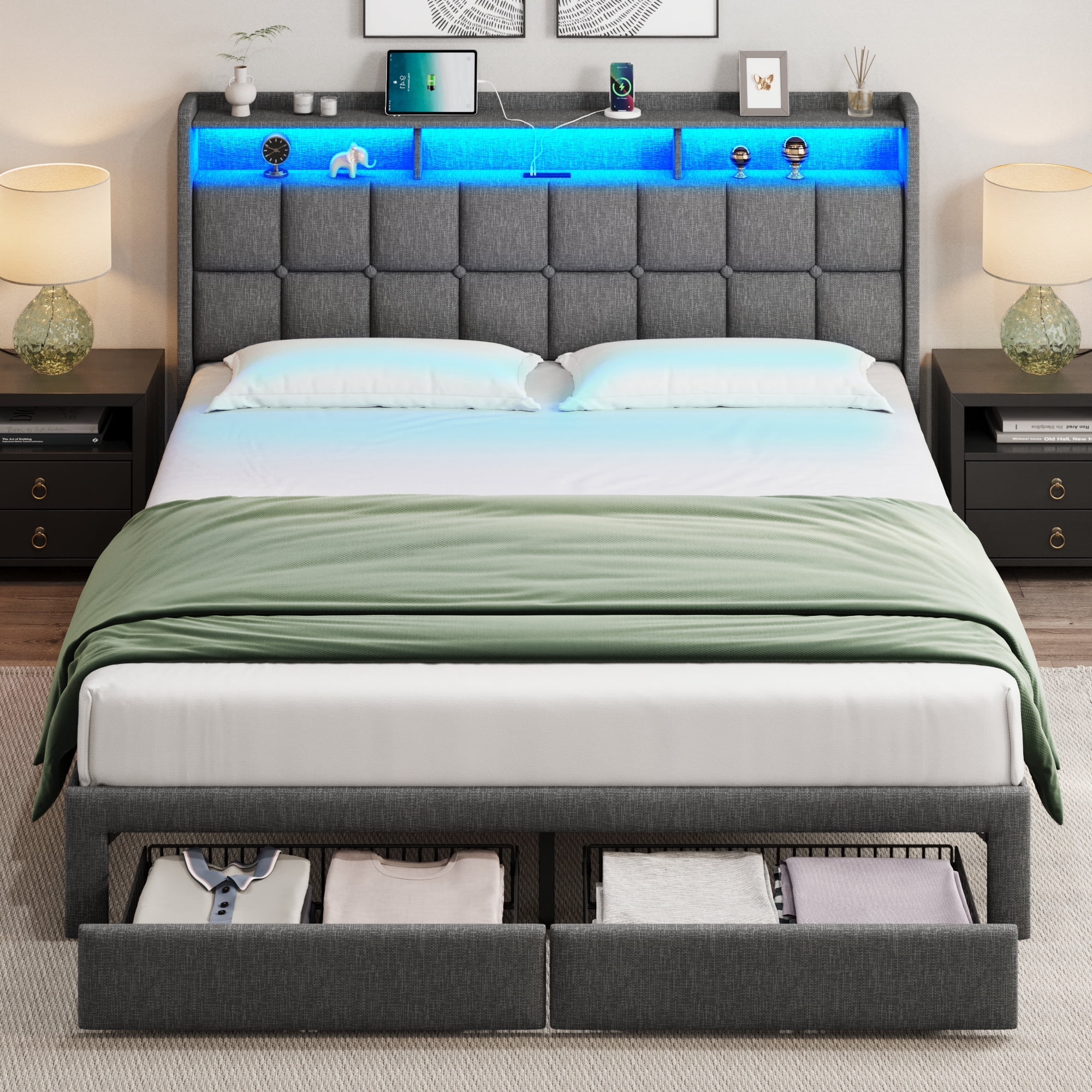 LoLado LED King Size Bed Frame with 2 Storage Drawers, Upholstered King ...
