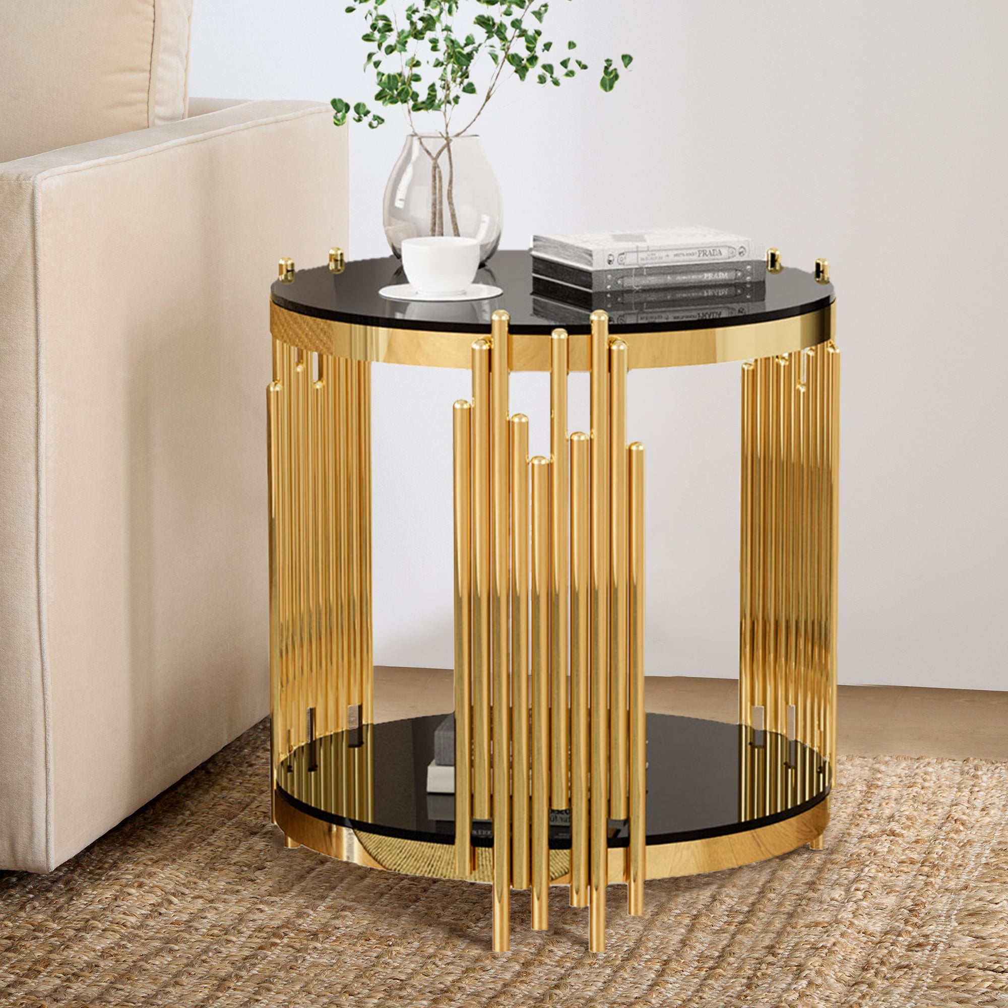 LoLado Modern Round Glass End Table,20" Sofa Side Table with Gold ...