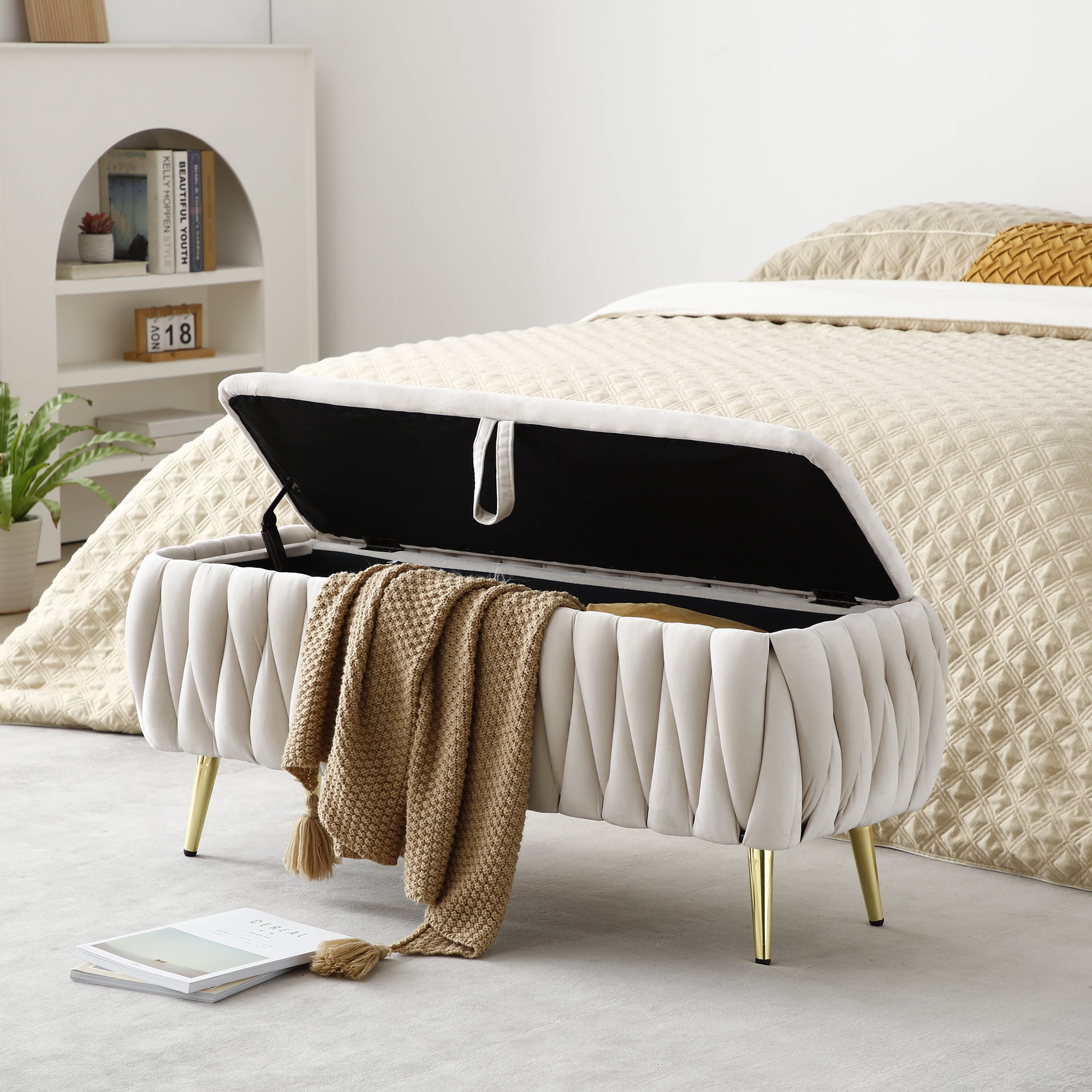 LoLado Oval Storage Bench with Gold Legs, Velvet Fabric Upholstered ...