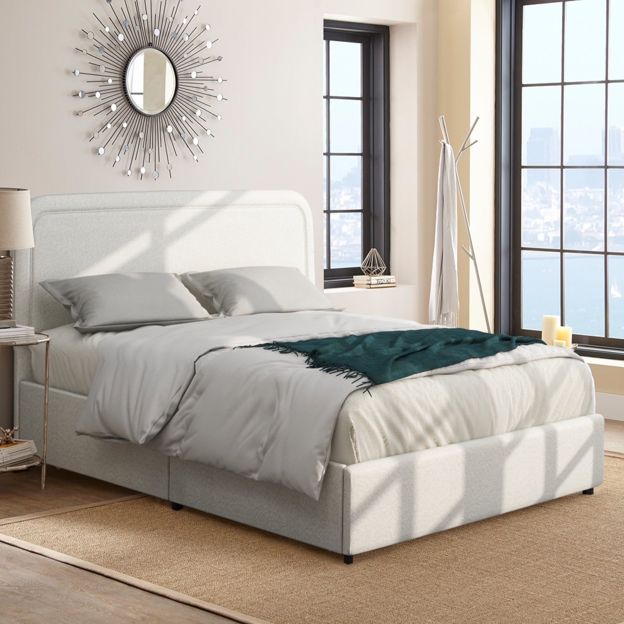 LoLado Queen Size Ivory Boucle Upholstered Platform Bed with Patented 2 ...