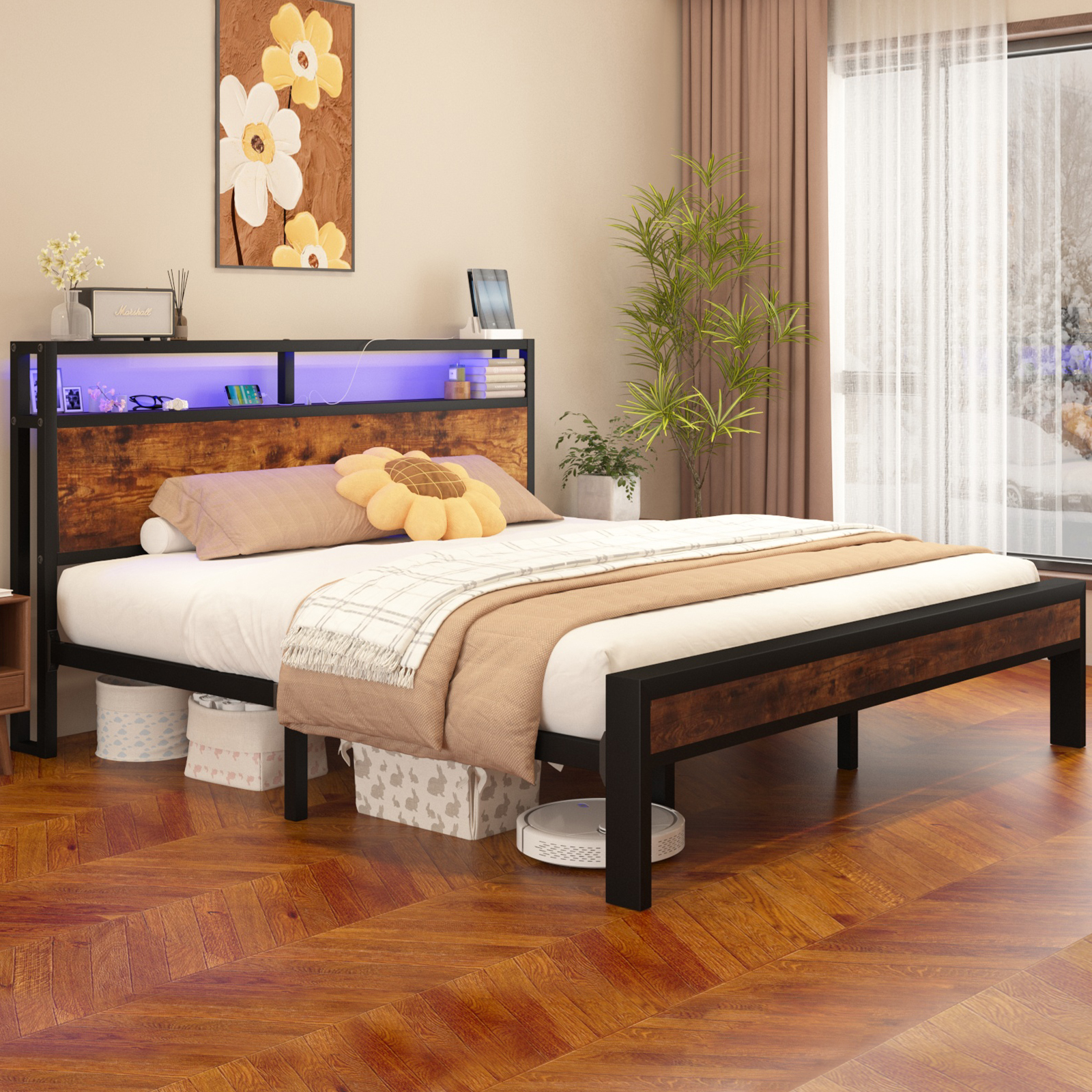 uhomepro Full Platform Bed Frame with Headboard, Rustic Brown and Black ...