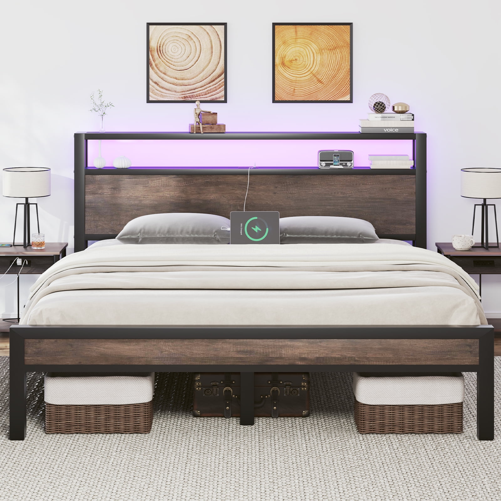 LoVinson Queen Size Bed Frame with Storage Headboard, Industrial ...